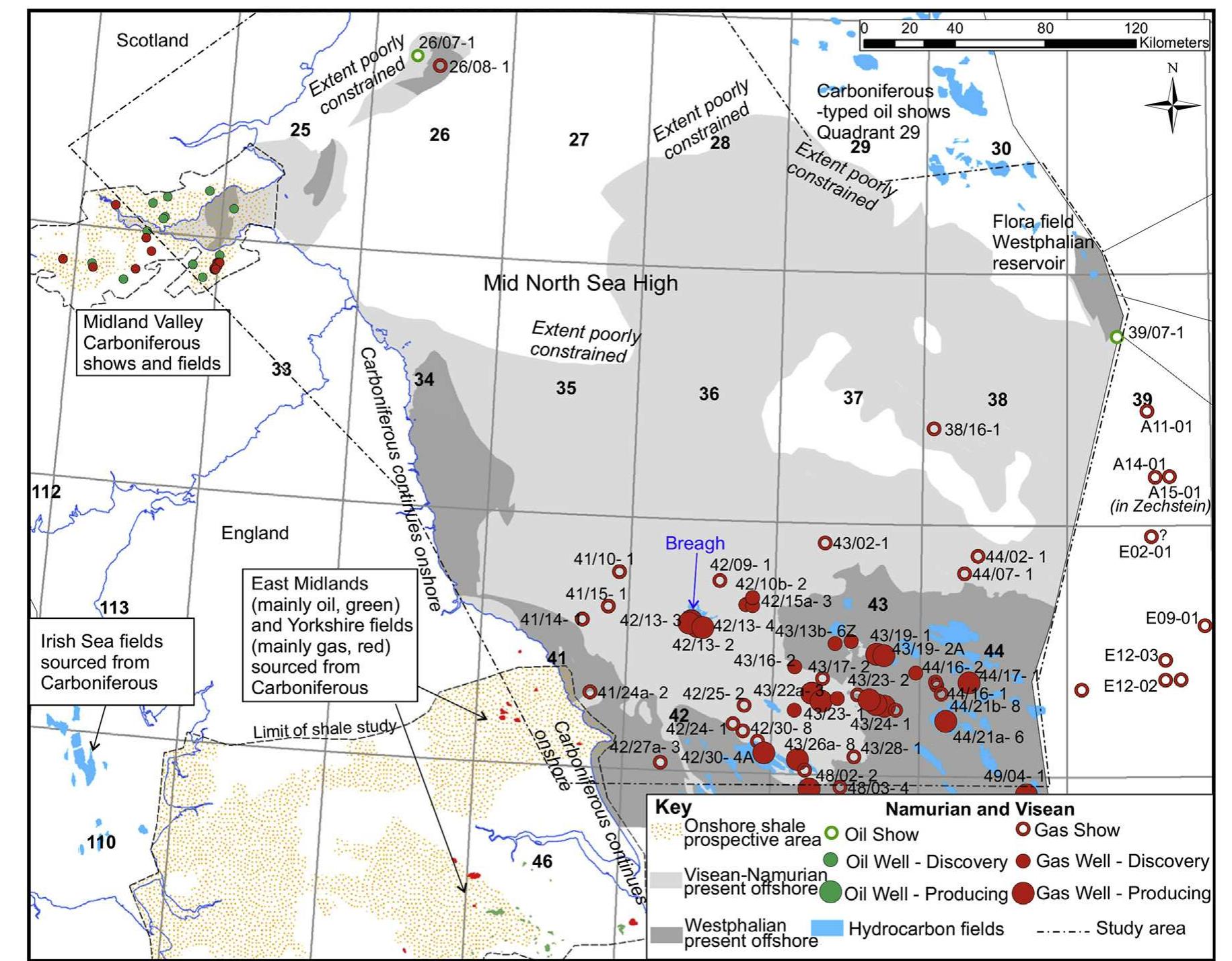 Map of visean—namurian shows, discoveries and fields across
