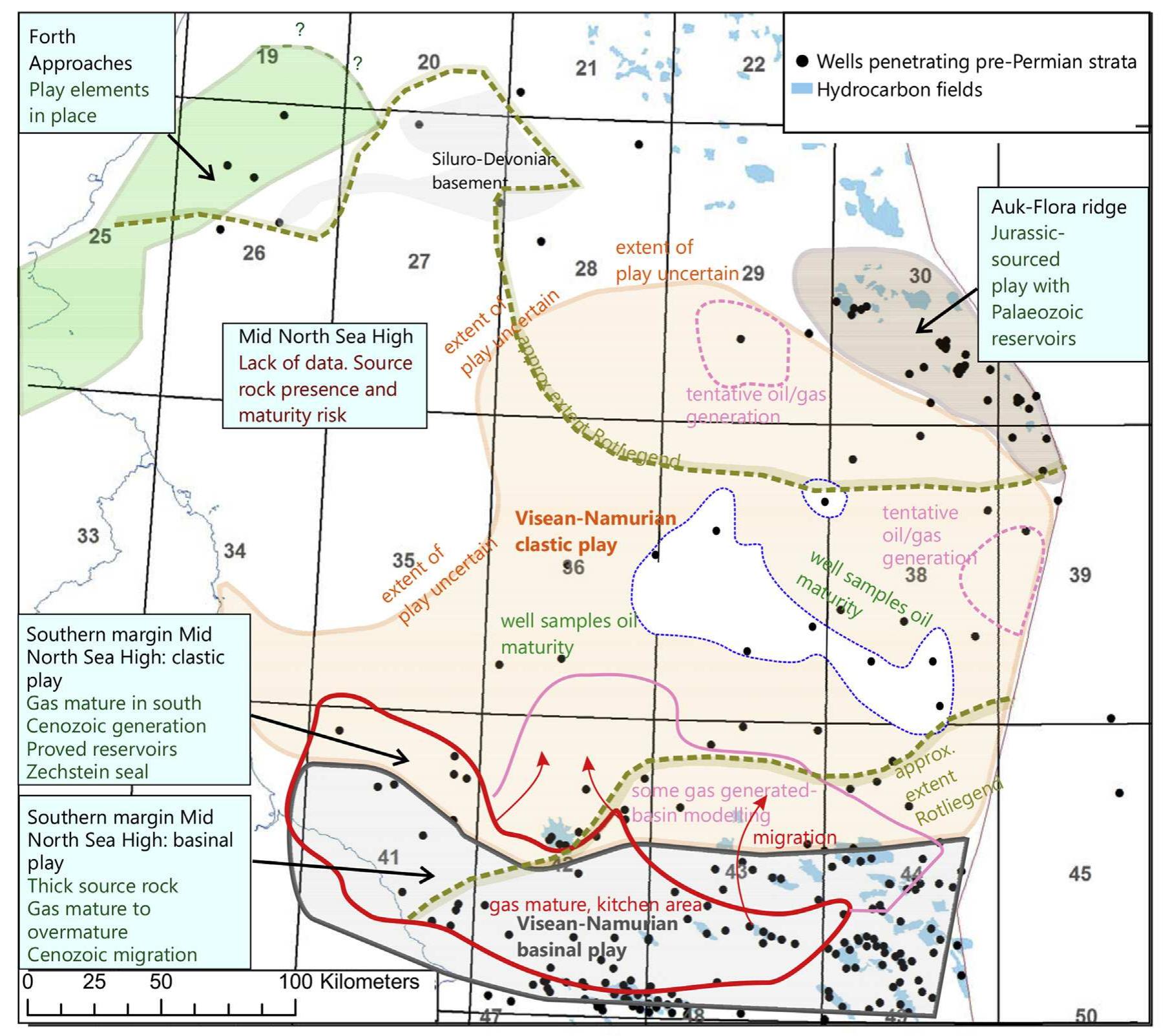 Summary map of visean—namurian petroleum systems elements on