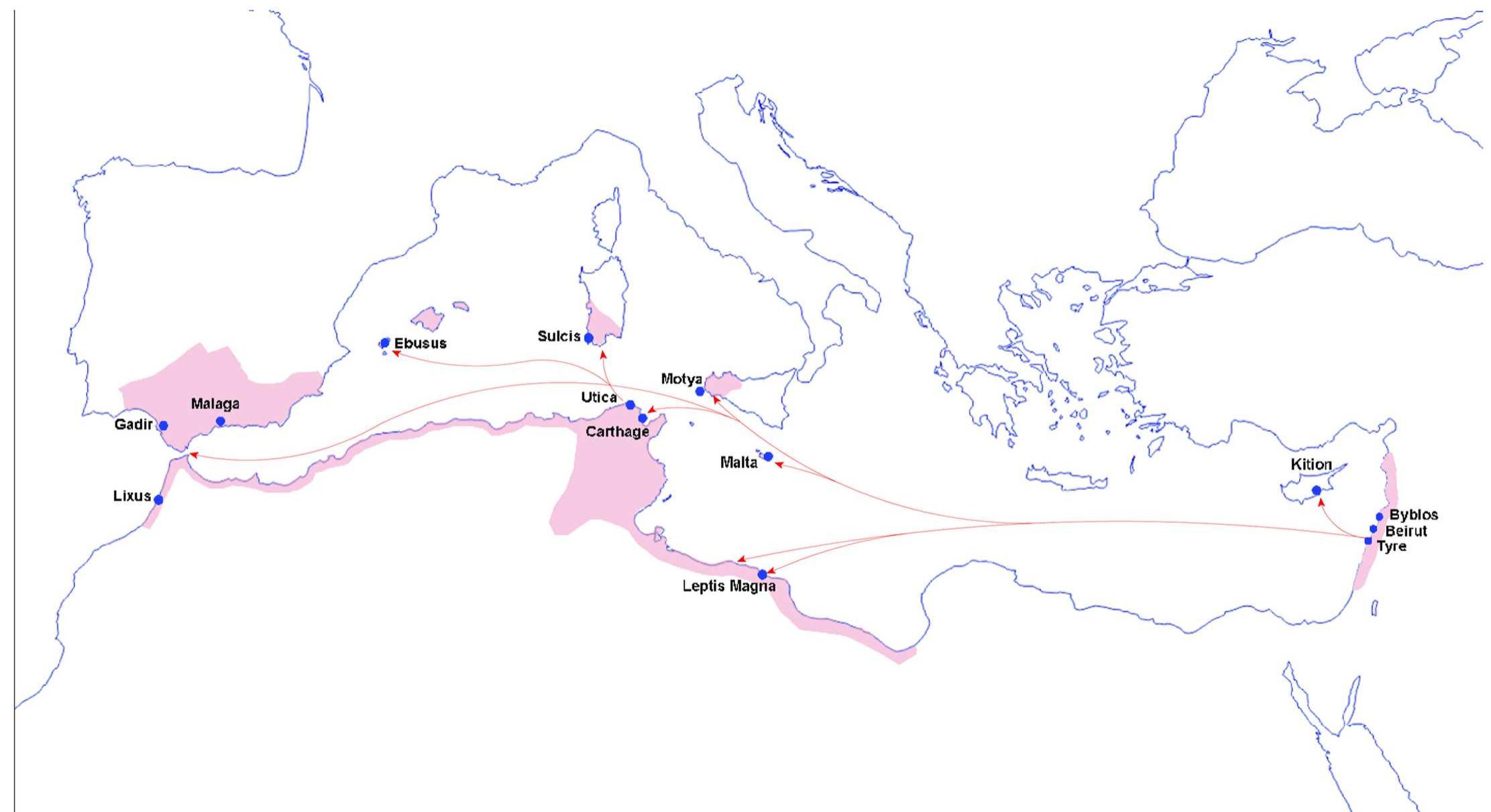Map showing phoenician maritime expansions across the