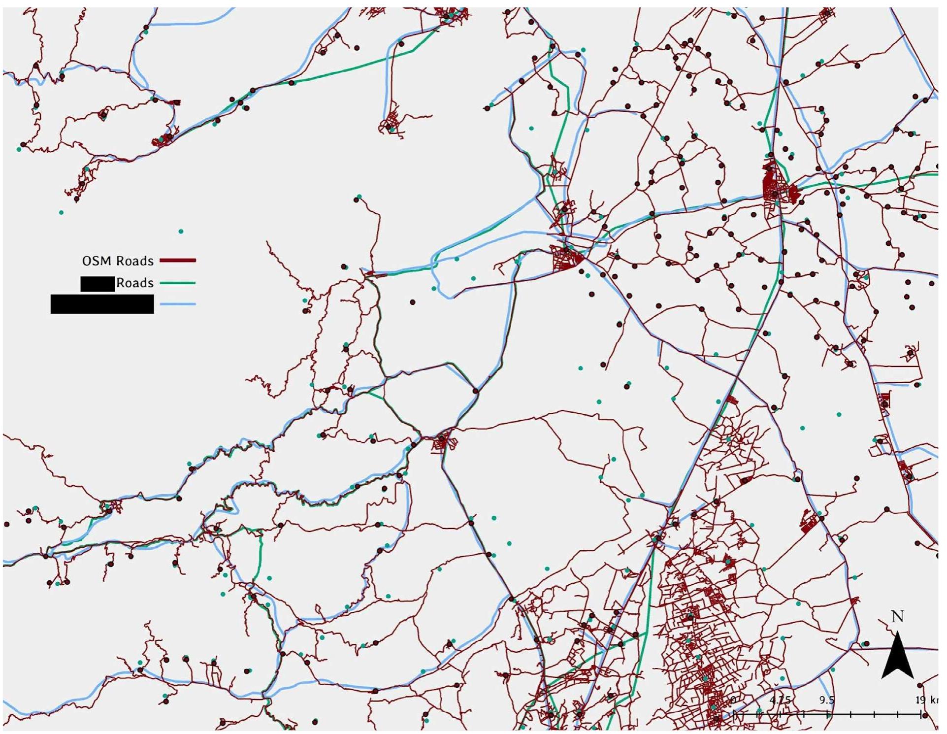 Three road network maps for the same location, each