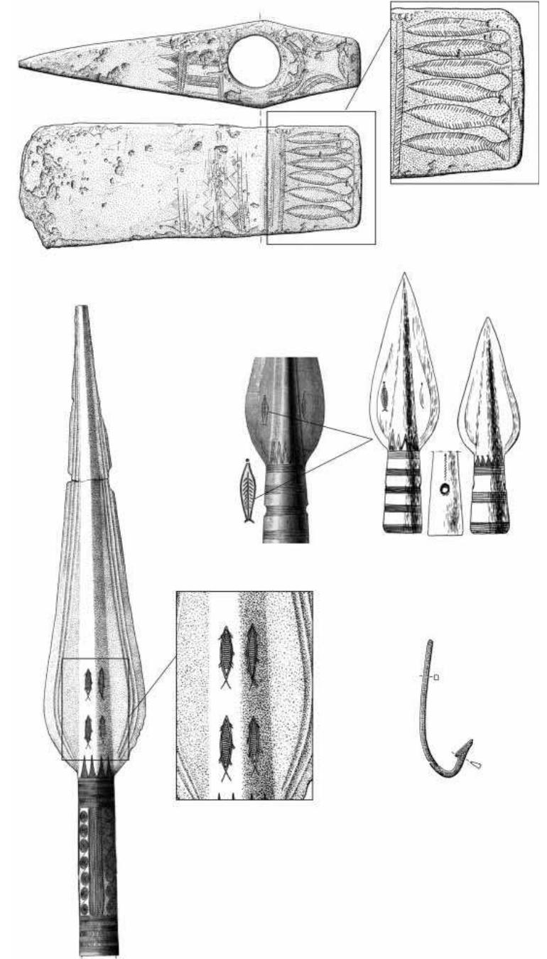 Images of ships, fish, and materials of the sea may refer to