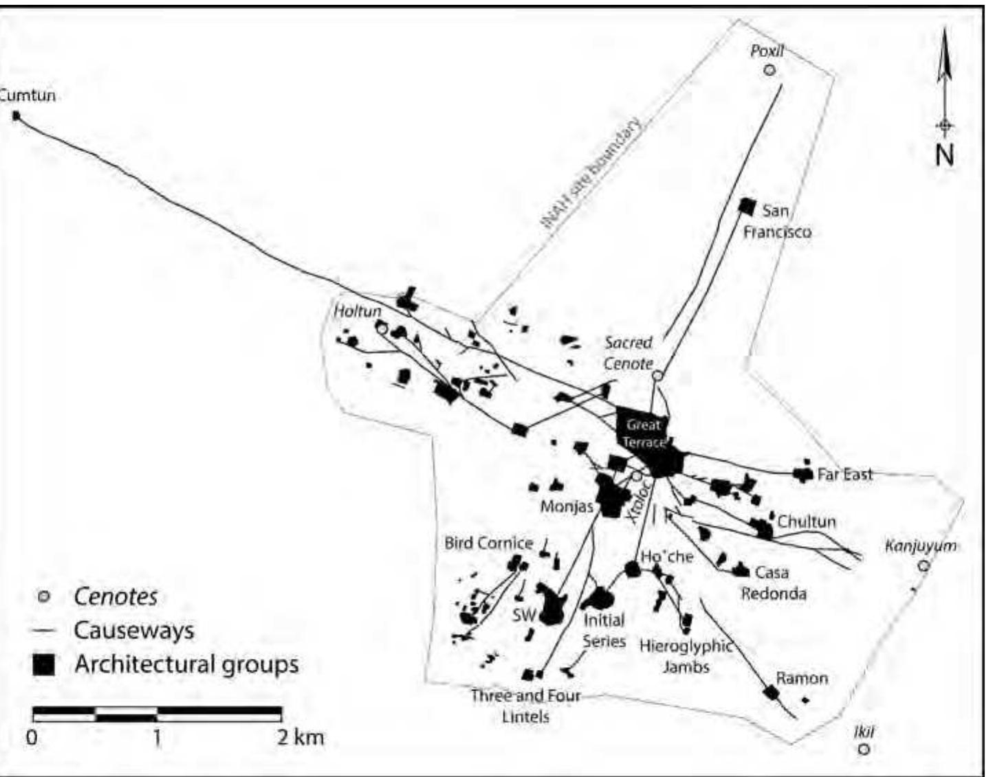 3. schematic map of chichen itza showing cenotes, causeways,