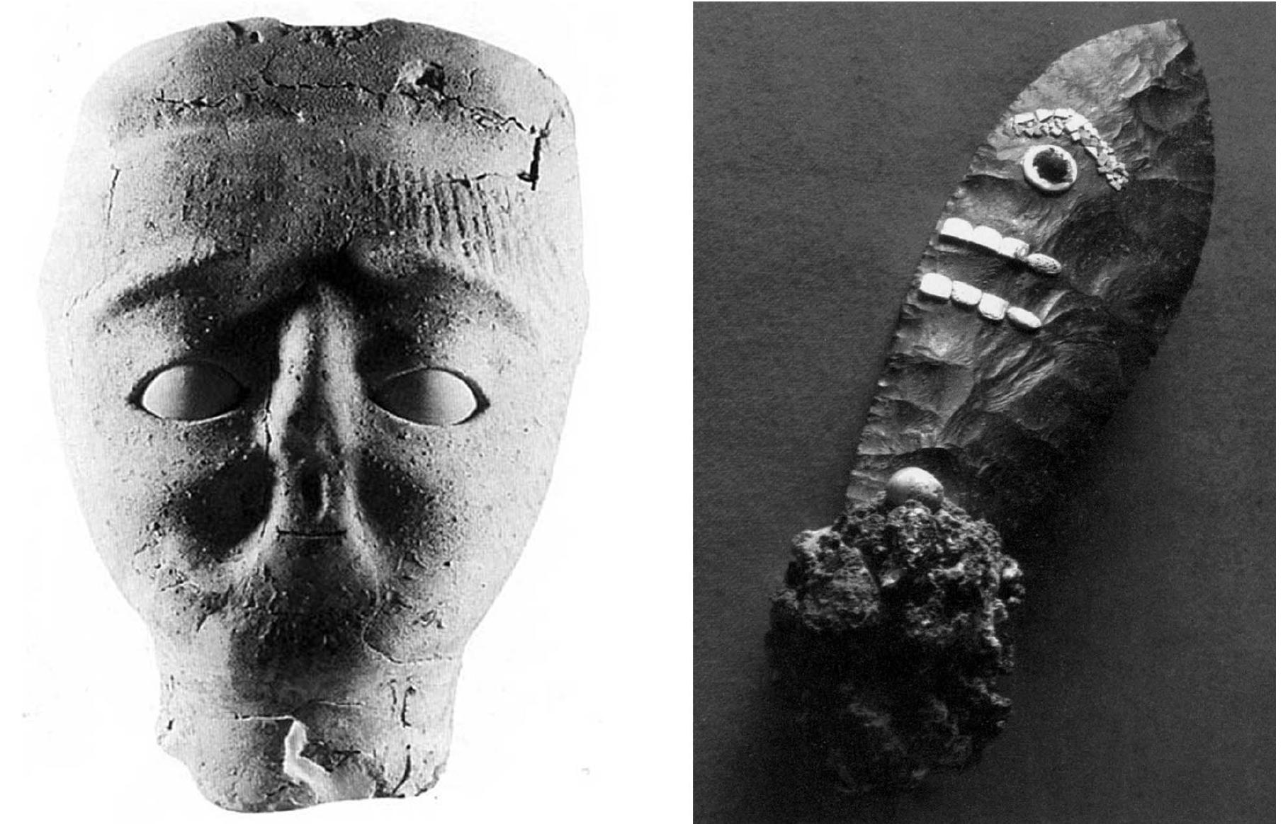 Left: jericho, ppnb. human head made with clay and shells;