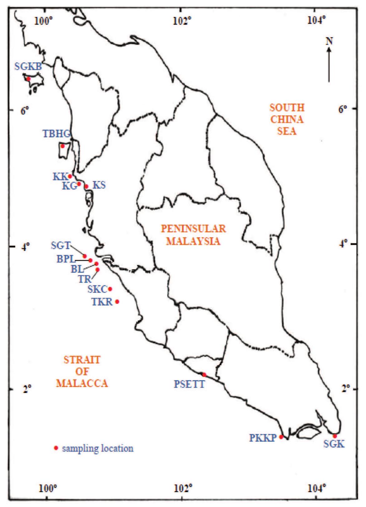 |. map of peninsular malaysia showing the 14 sampling