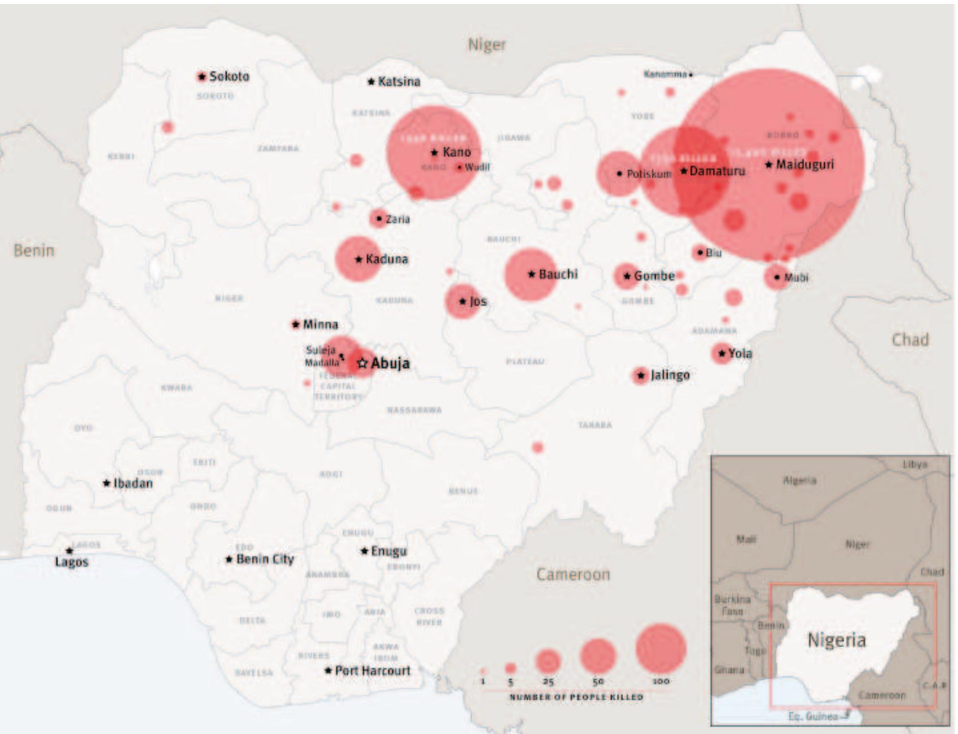 Map of nigeria indicating the concentration of boko haram