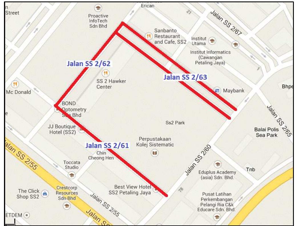 Location and layout map of ss2, petaling jaya night market