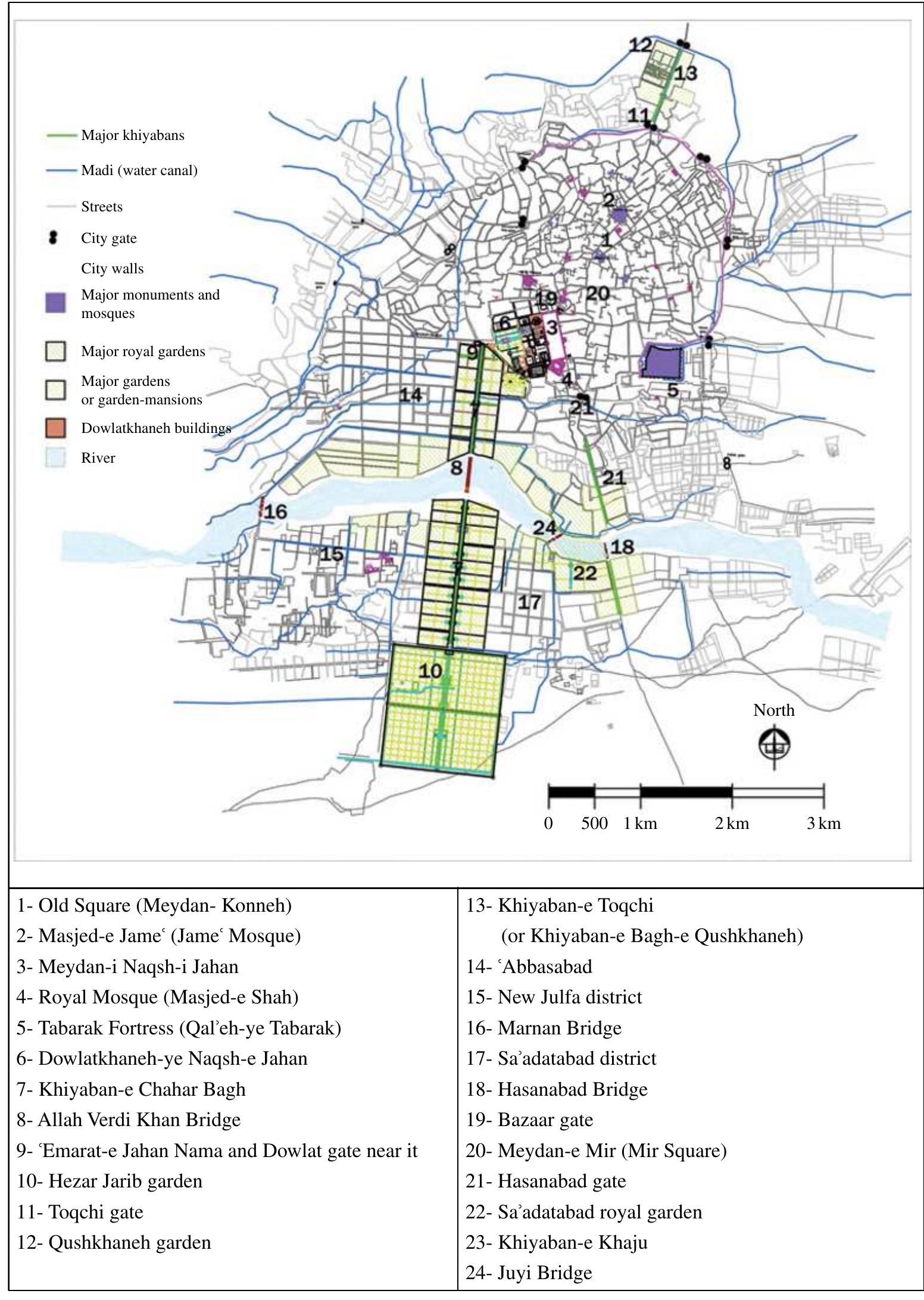 Map 33.2 isfahan, map with main landmarks of safavid