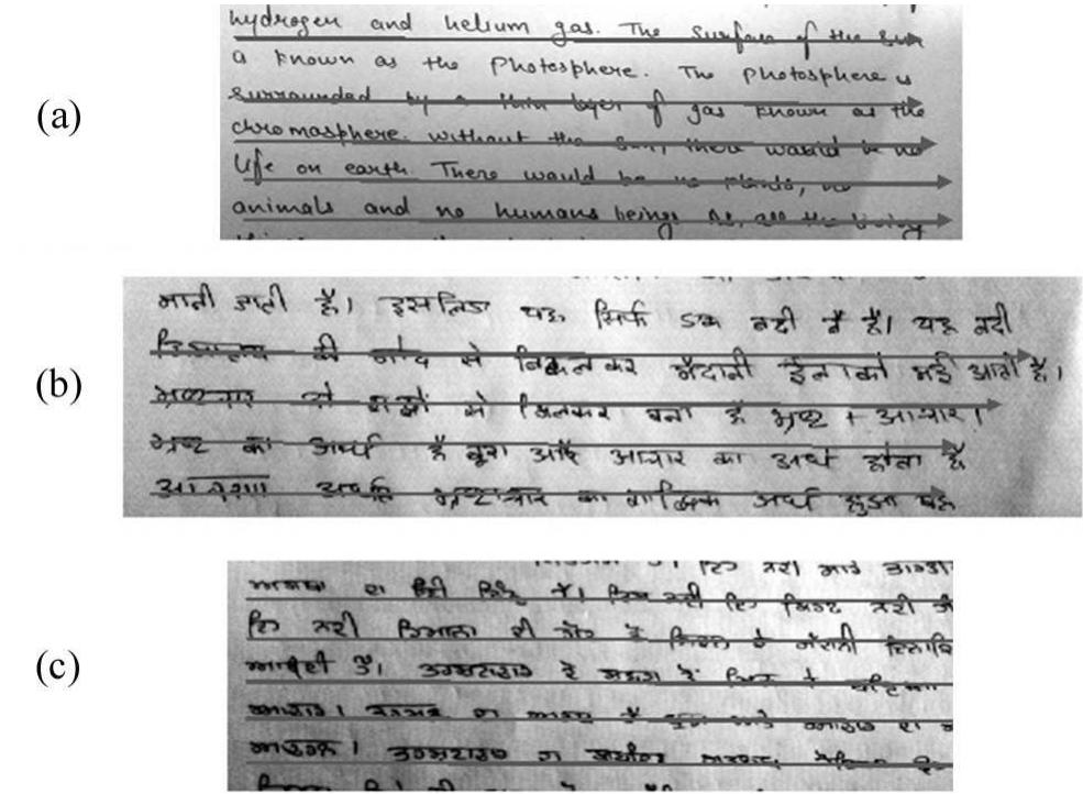 Shows the alignment of handwriting of an individual in the