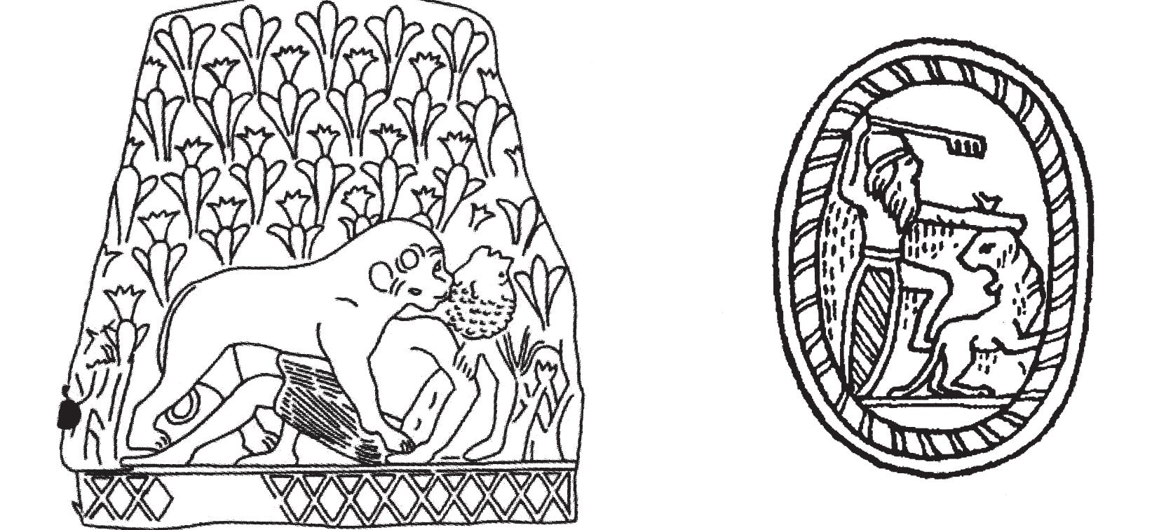 (left). lioness biting the neck of an ethiopian, ivory of