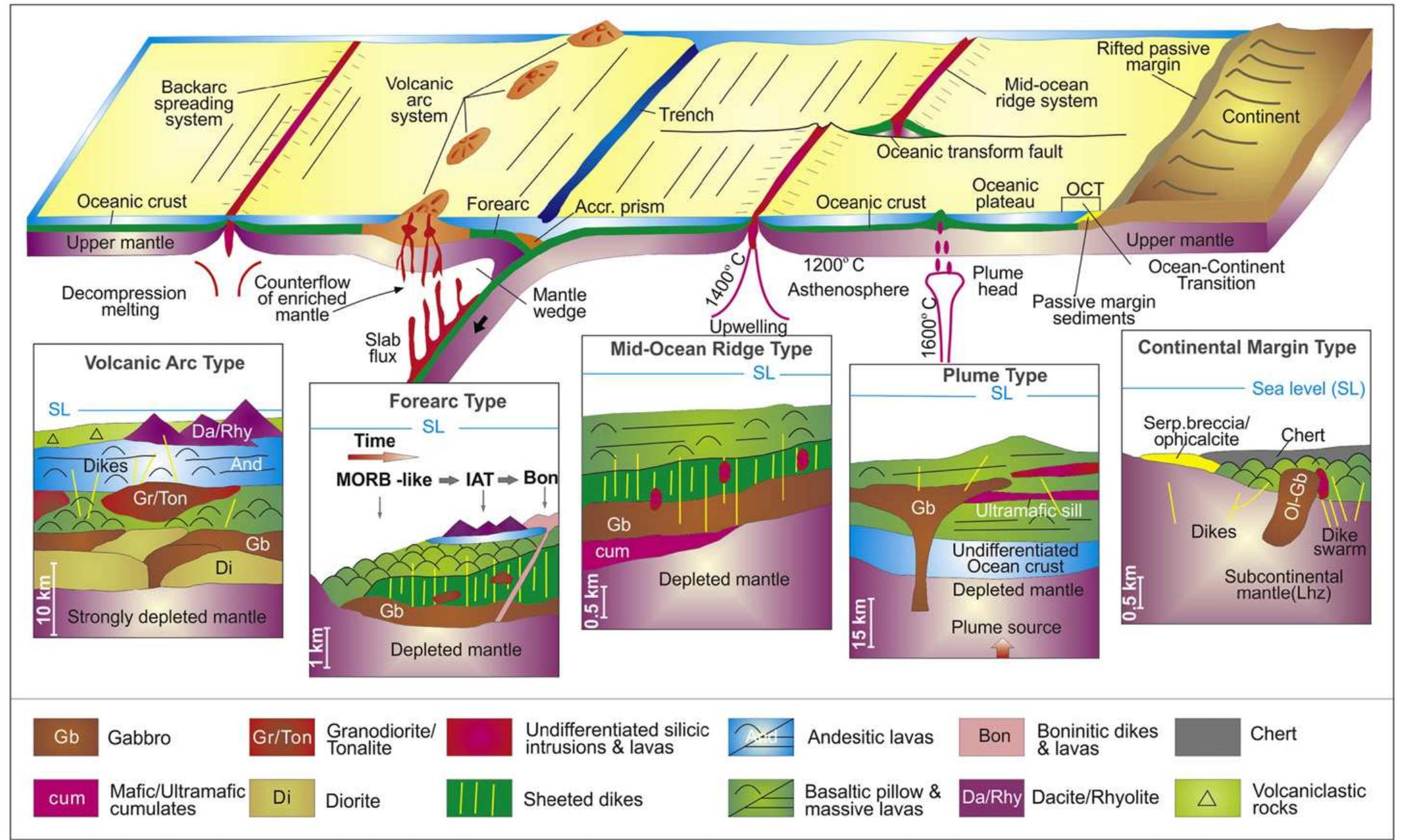 Schematic plate tectonic diagram (not to scale), depicting