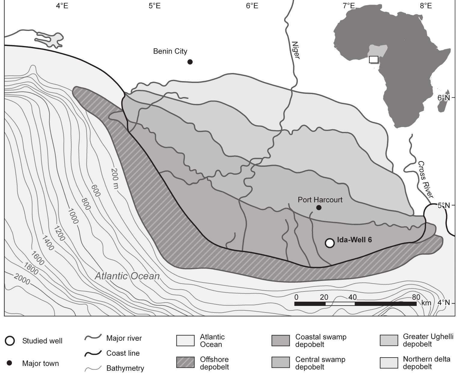 Depobelt map of the niger delta and location of the studied
