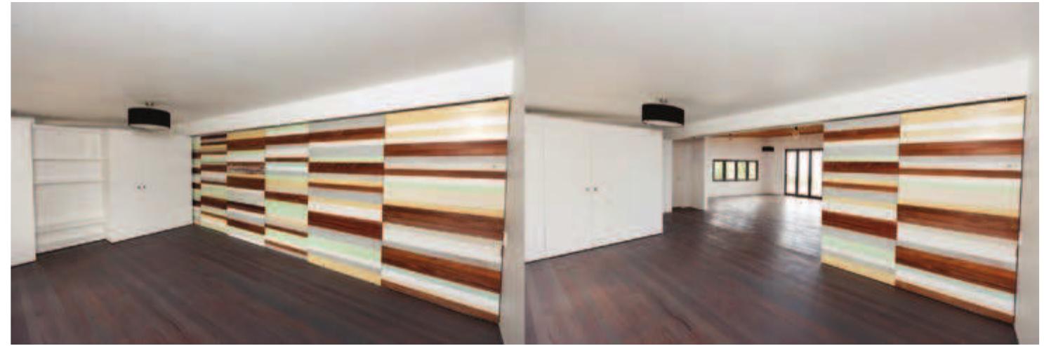 White cabinet versus recycled rimu match-lining to doors.