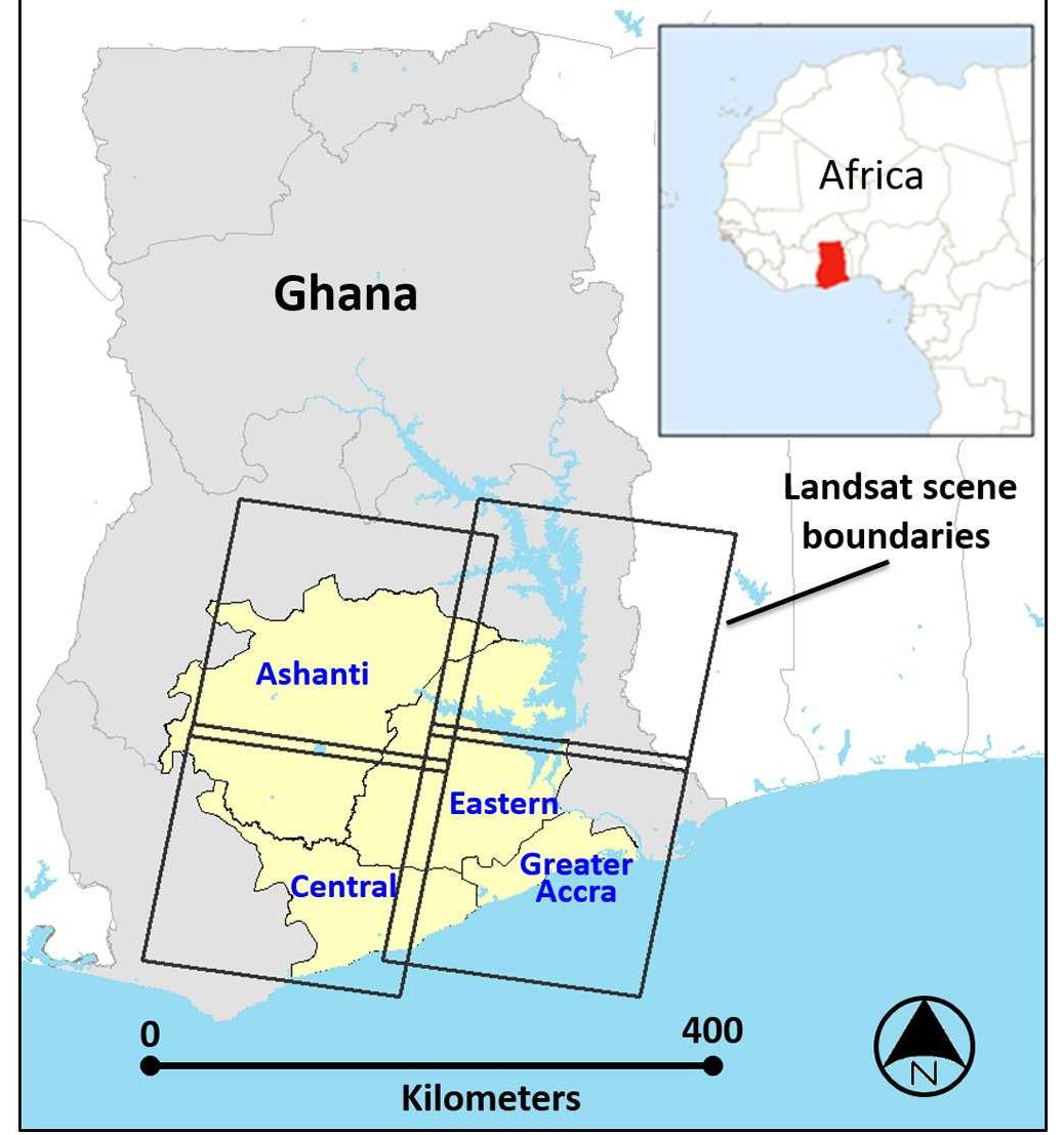 Study area map. four regions of ghana are shown, along with