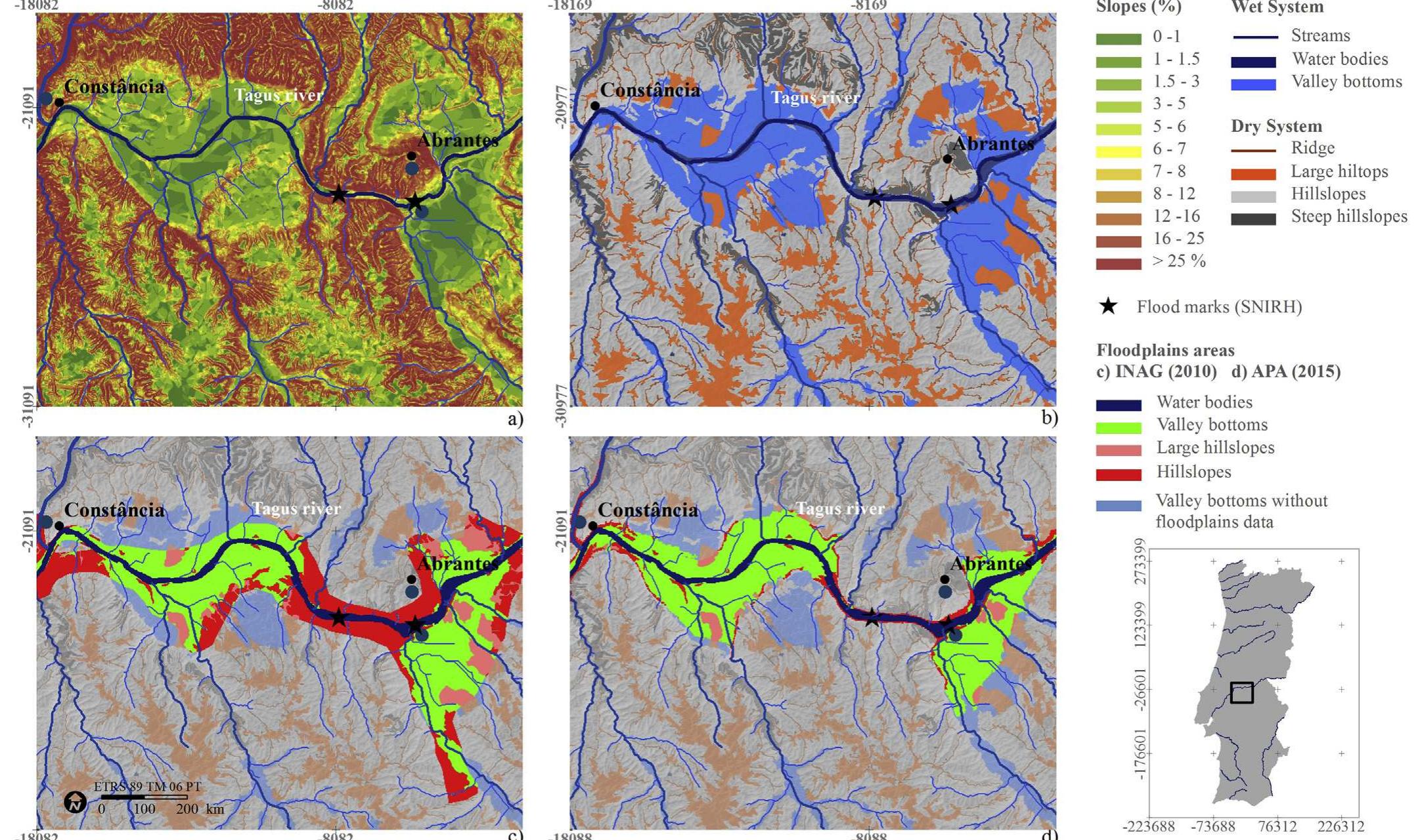 Constancia and abrantes urban areas in tagus river: a)