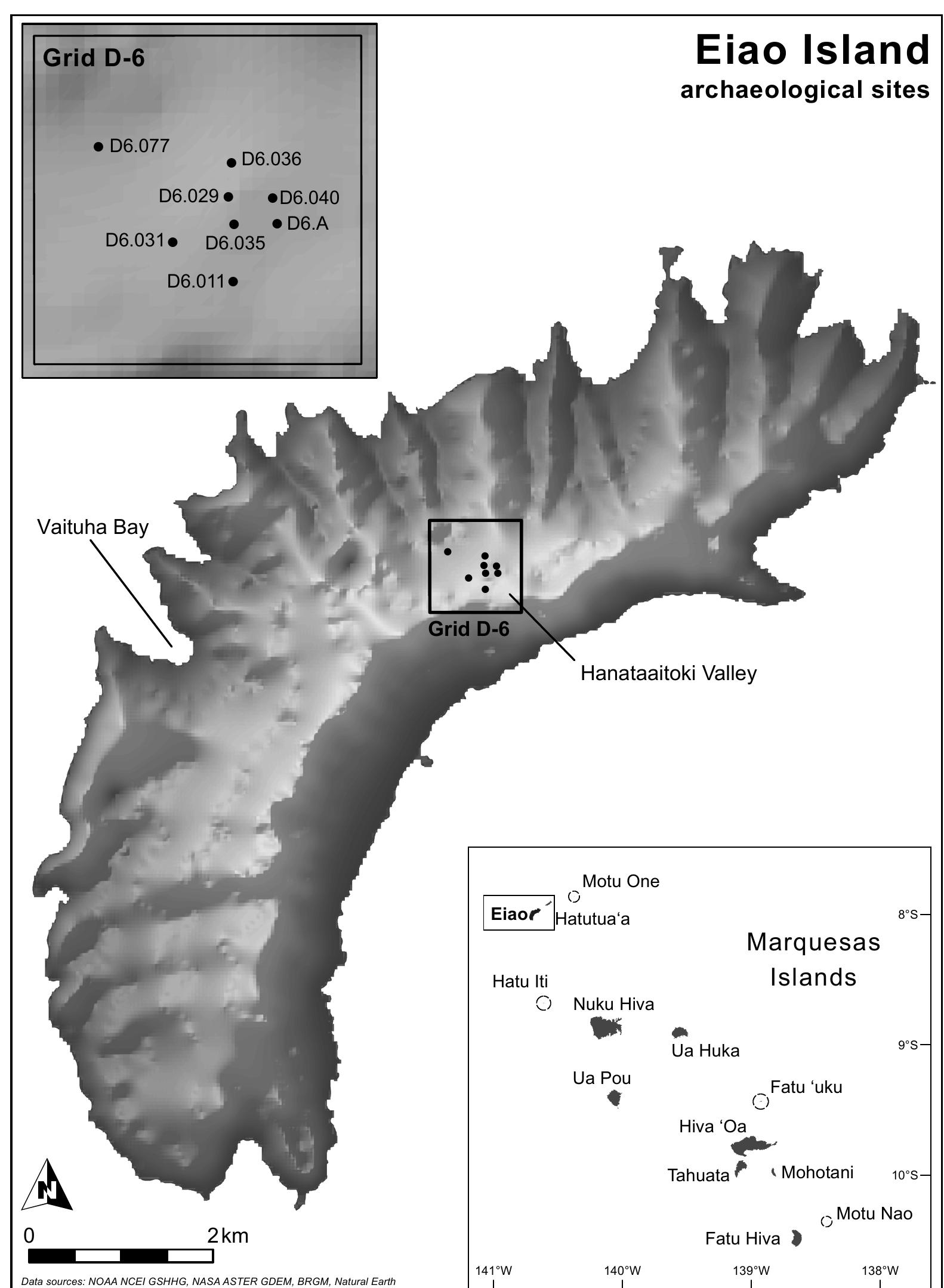 Map of eiao island with site locations, inset of the