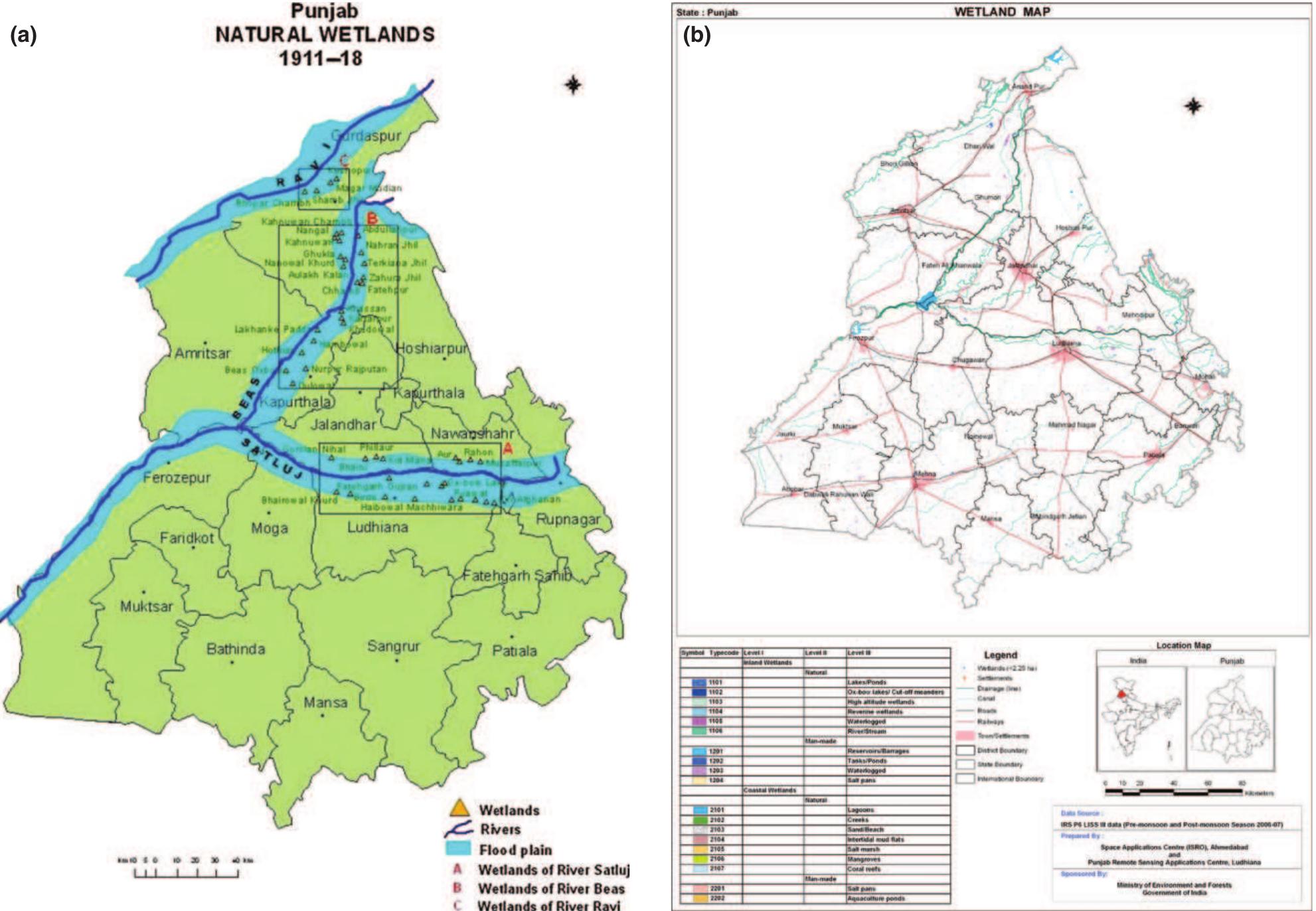 (a) 20th century map of natural wetlands in punjab state