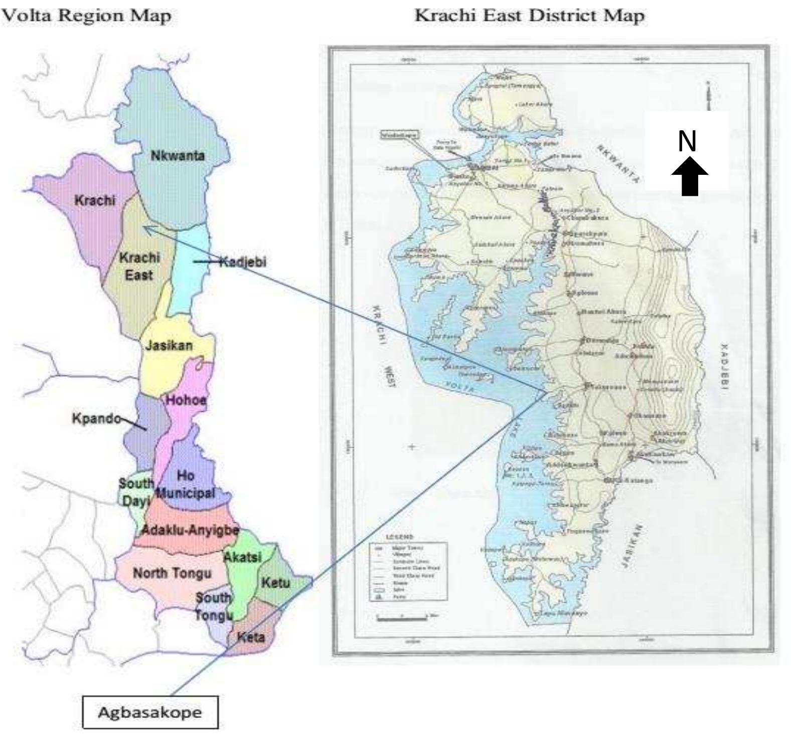 Map of volta region and krachi east district showing the