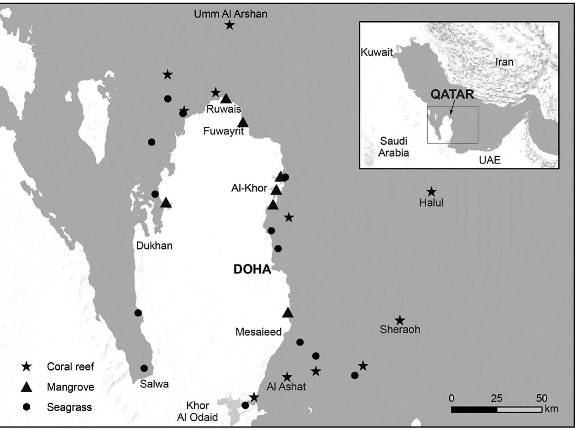 Map of the location of major coral reef, mangrove, and