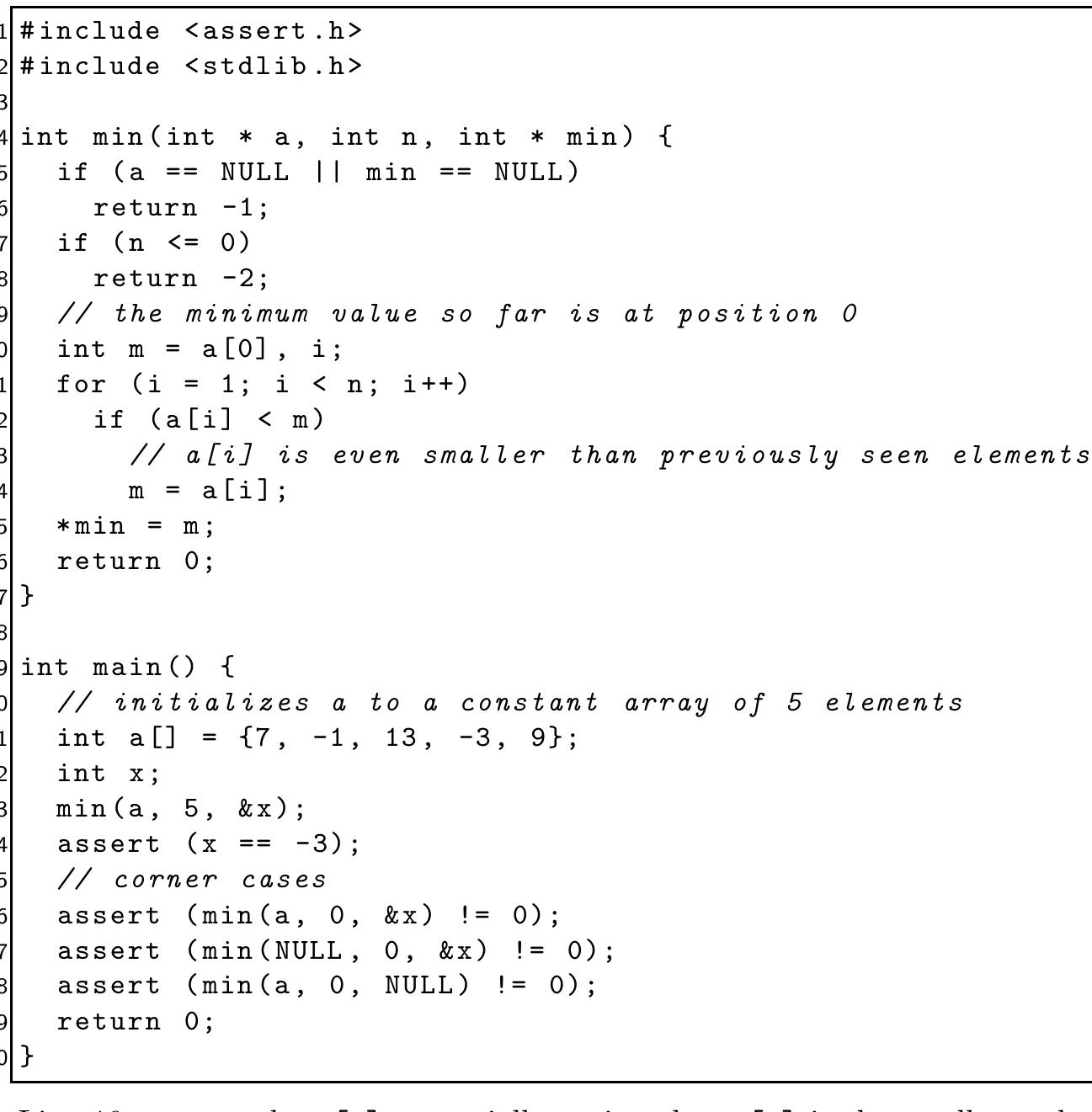 Line 10 sets m to be a[0], essentially saying that a[0] is