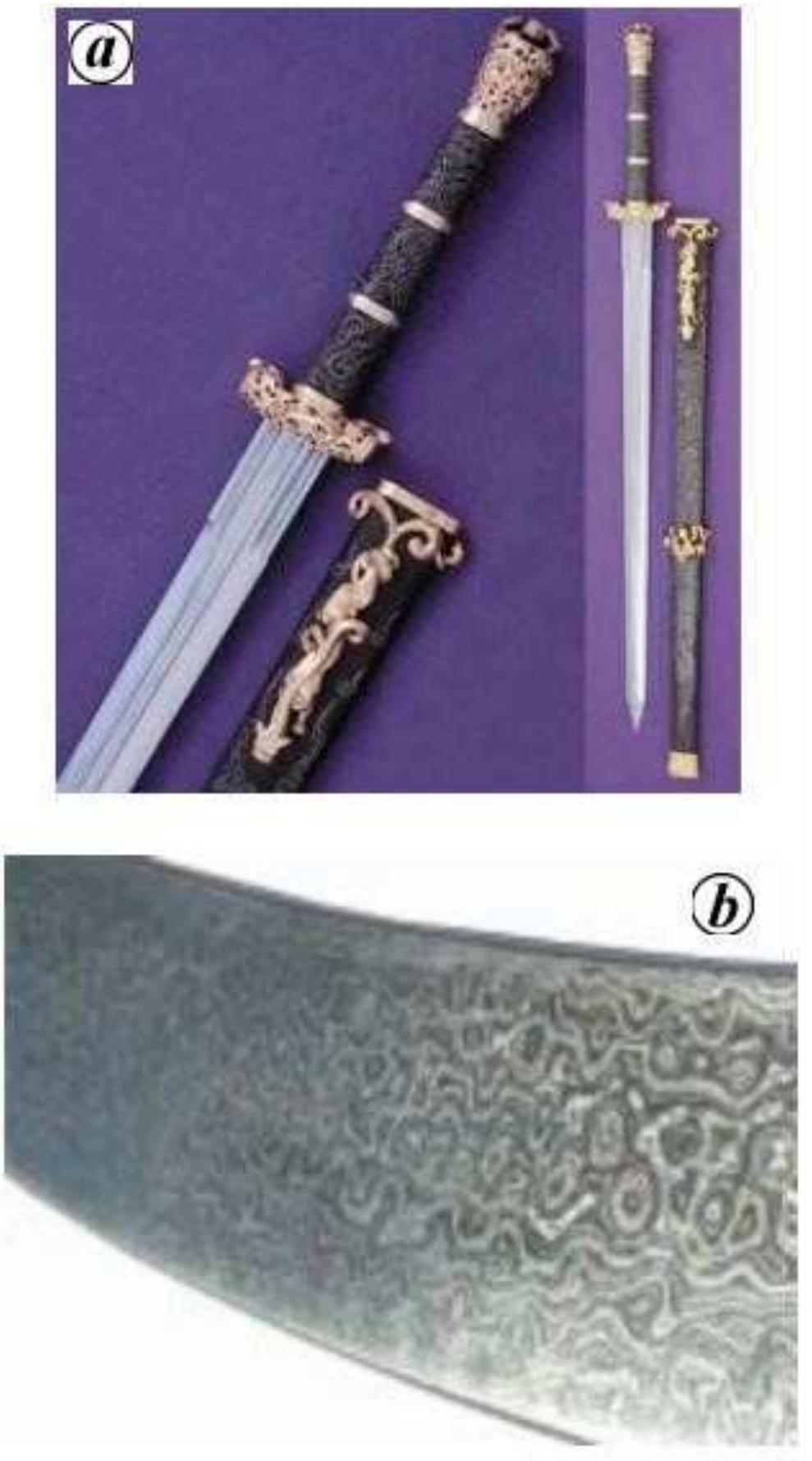 A. damascus sword; b. wavy pattern on the sword.