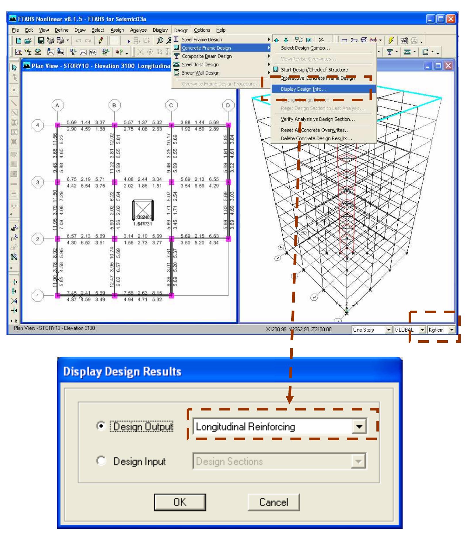 Select “kg-cm”, go to design >> concrete frame design >>