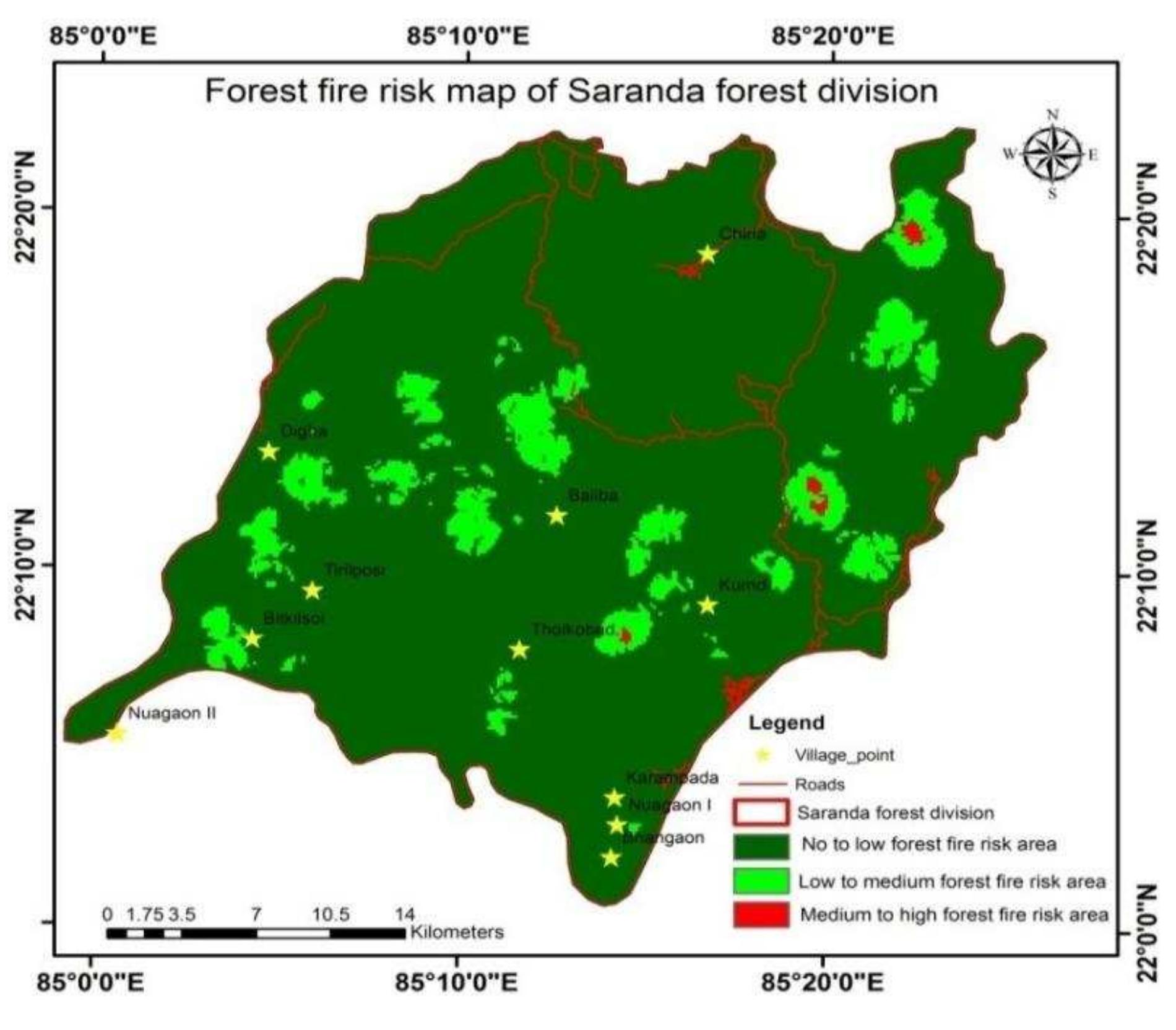 Forest fire risk map in saranda forest division.