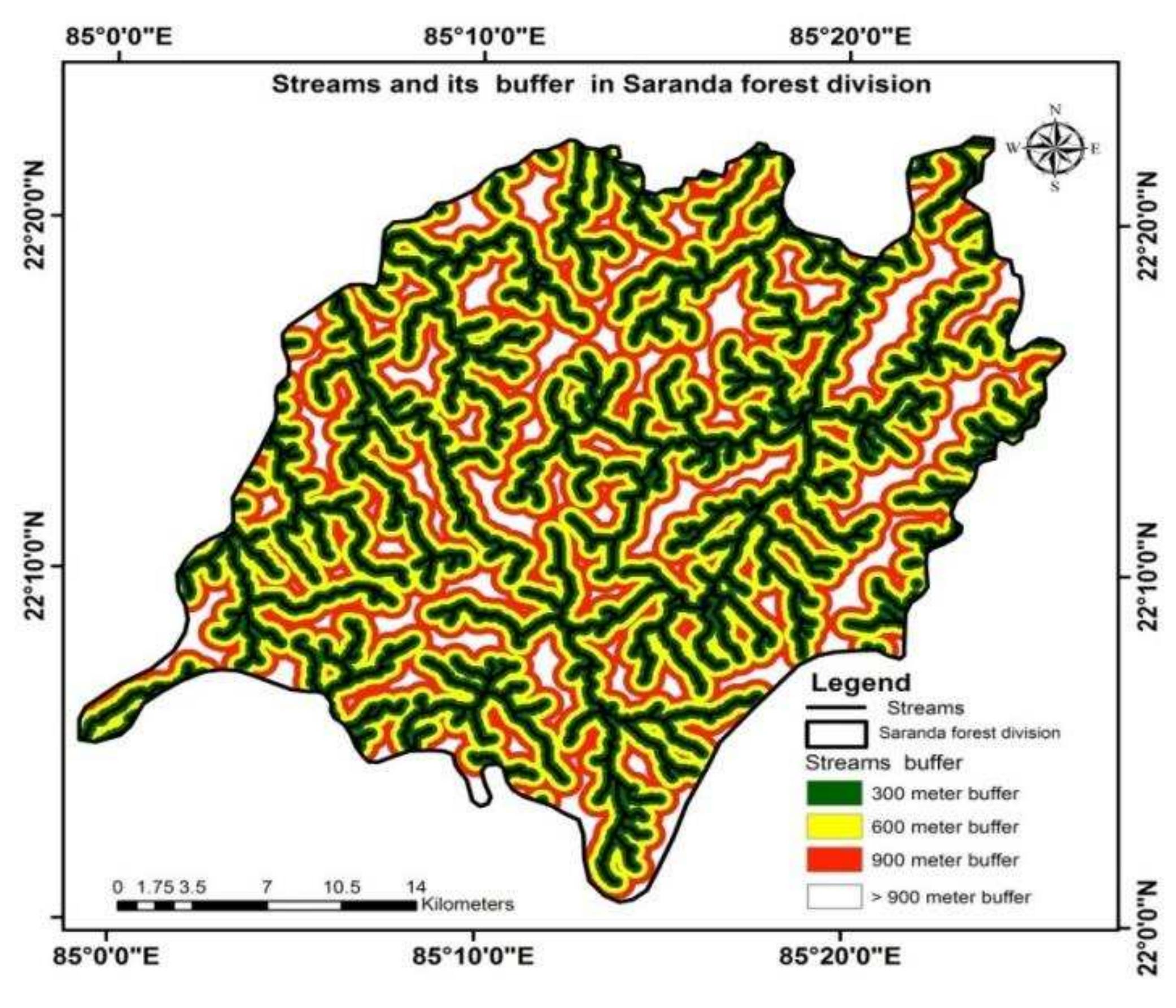 Streams and its buffer map of saranda forest division.