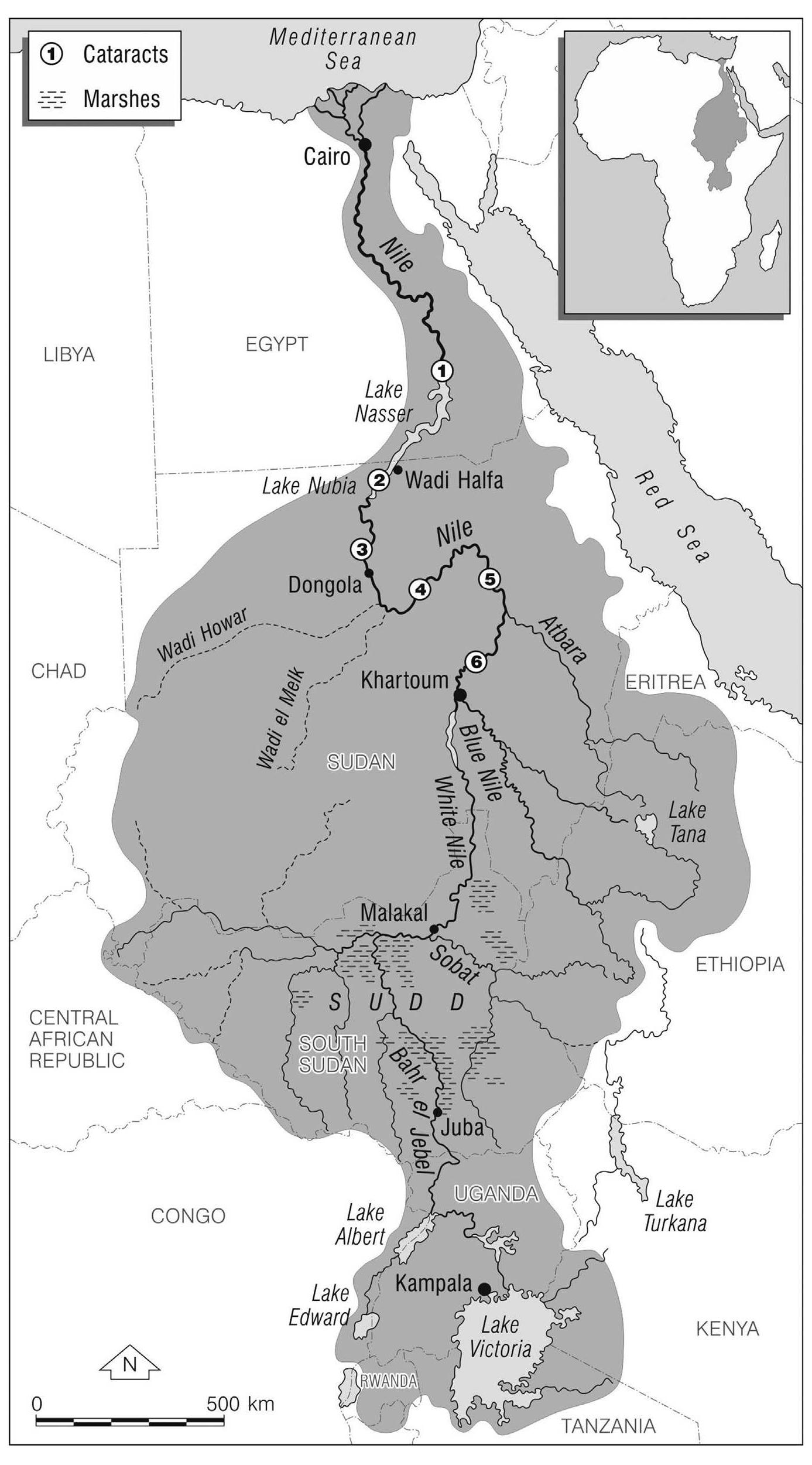 Map of nile catchment and delta.