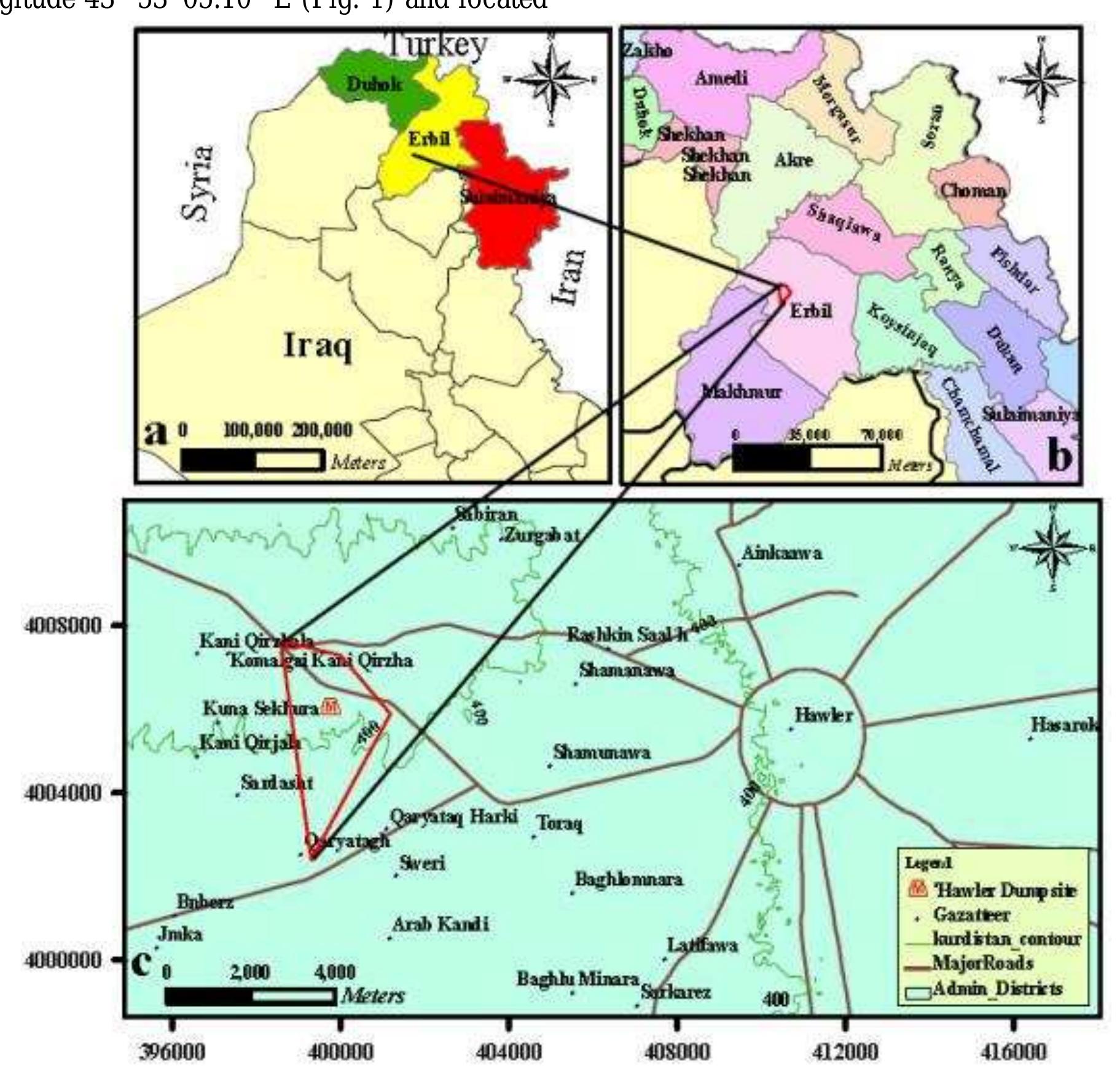 ) maps show: a- iraq, location of erbil province is