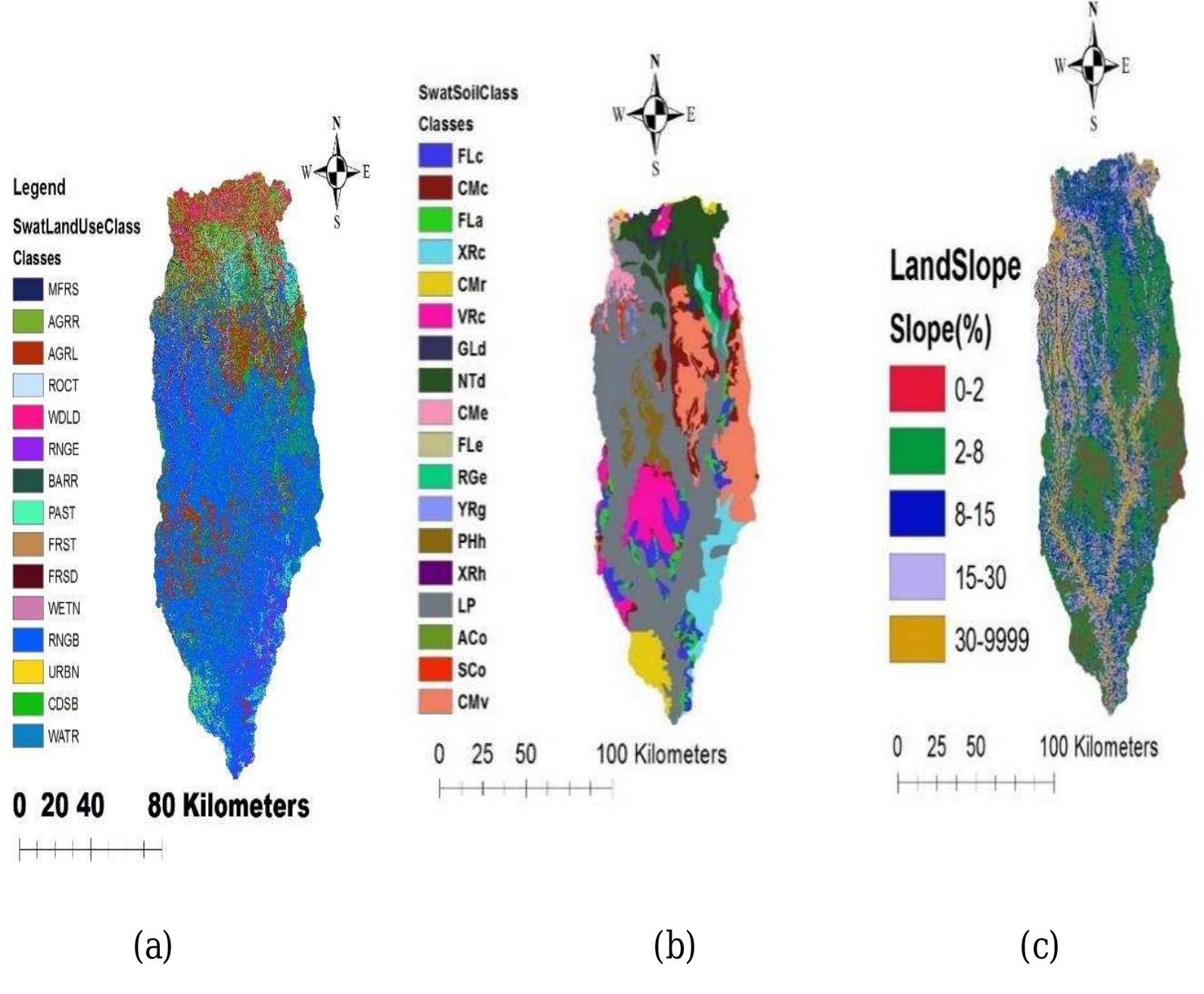 5: delineated hru map of: (a) land use/land cover, (b) soil