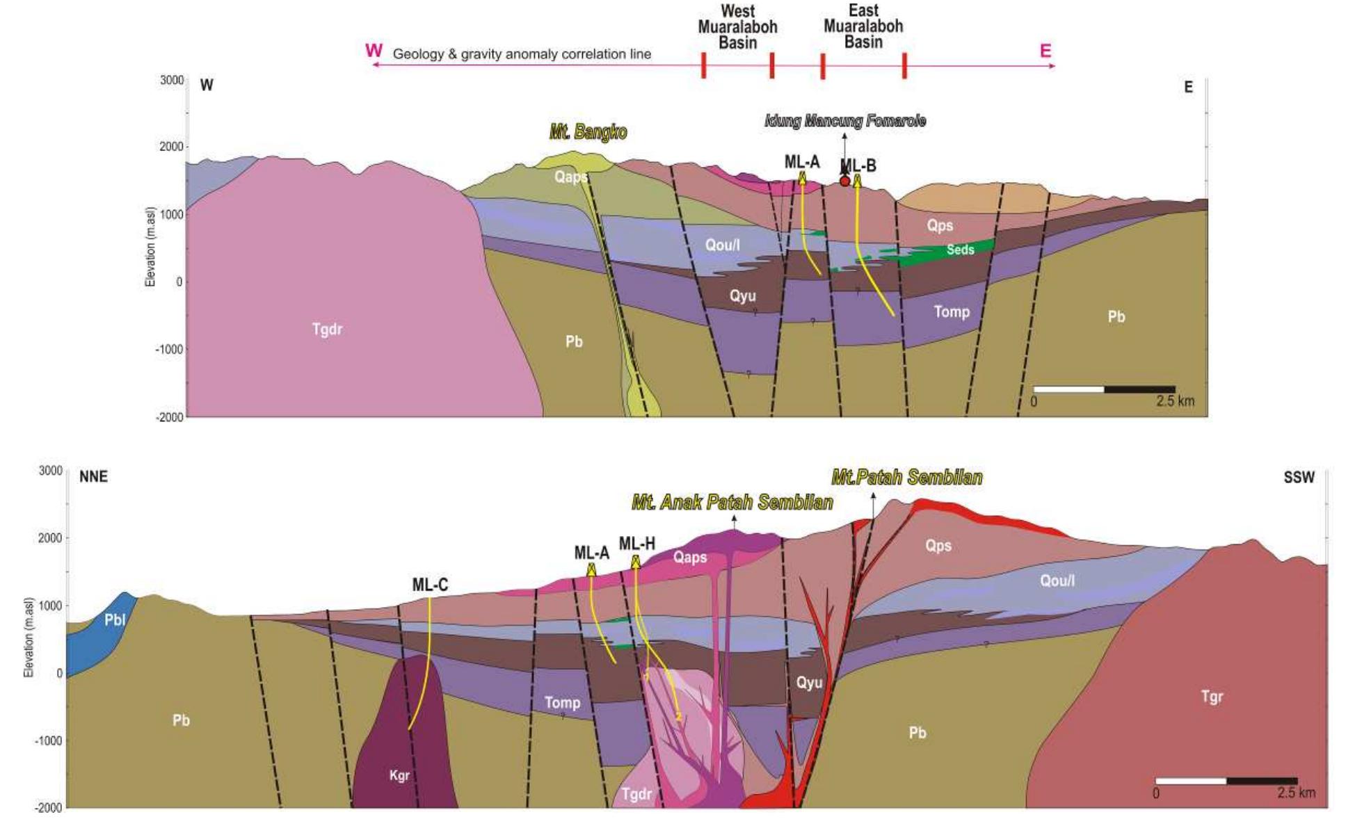 The geology cross sections. top: e-w; bottom nne-ssw. line