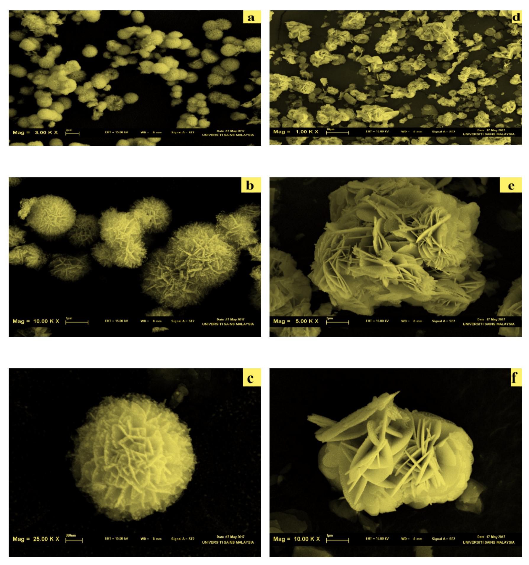 ; sem images of the as-synthesized bioi spheres (a,b,c) and