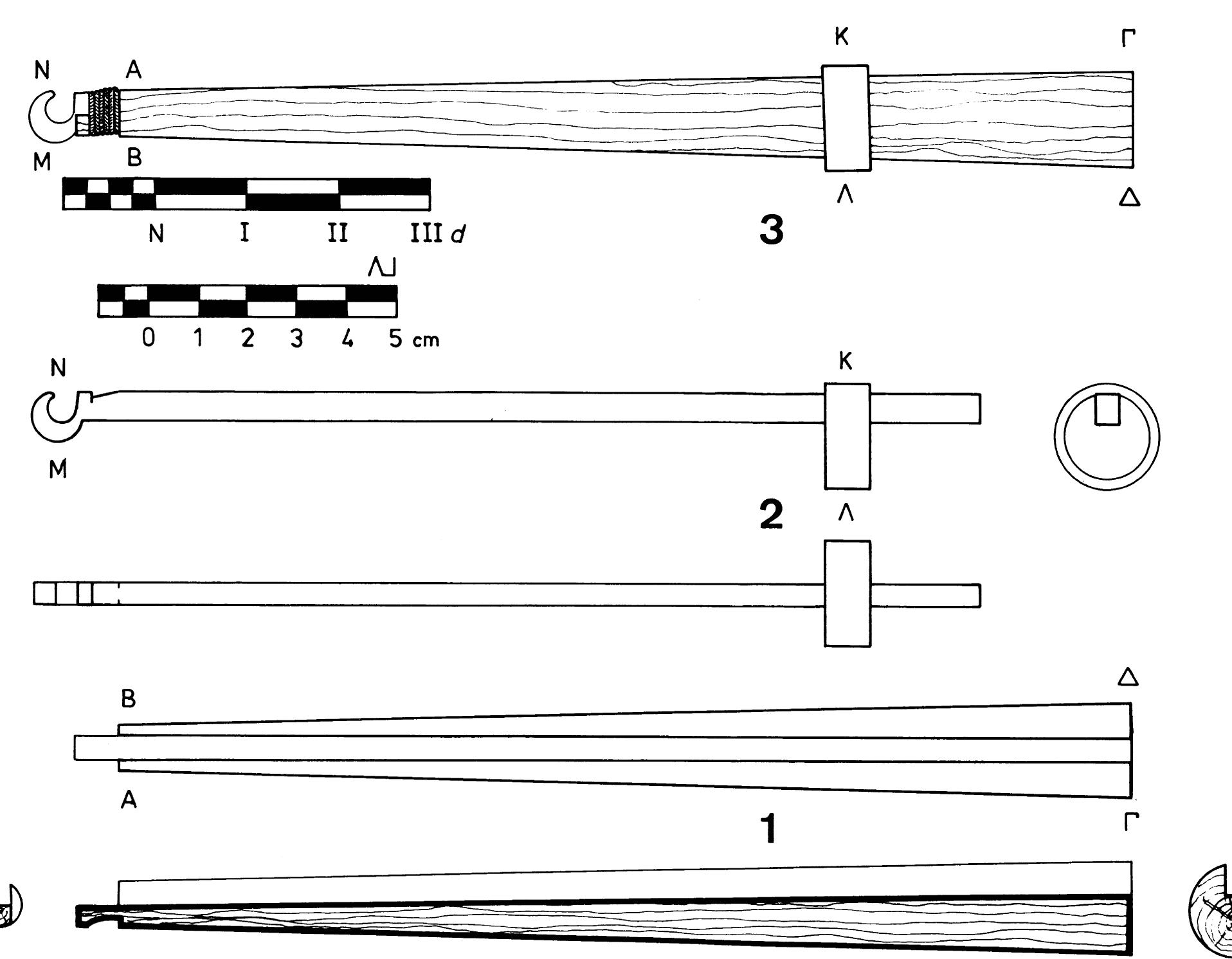 The arm. 1. ‘cone’. front view, longitudinal section and