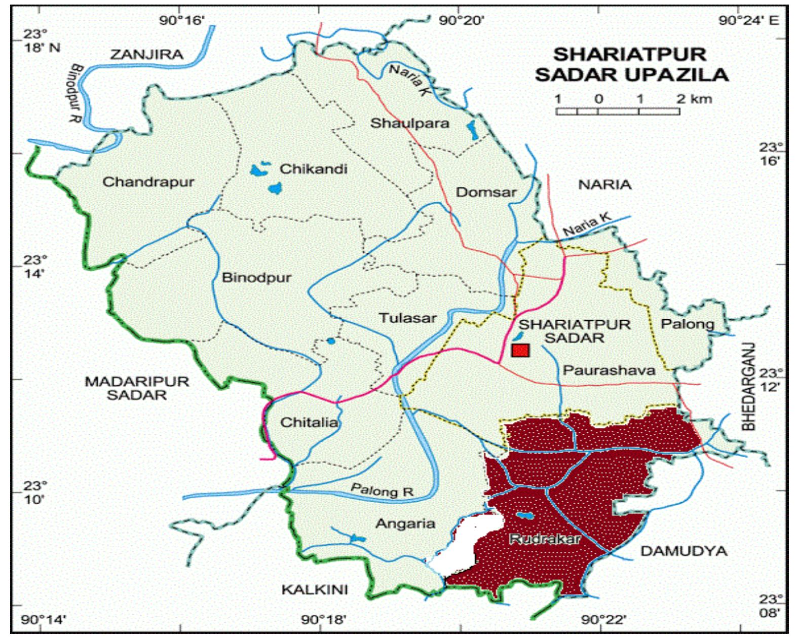 Map of shariatpur sadar upazila. black filled area indicates