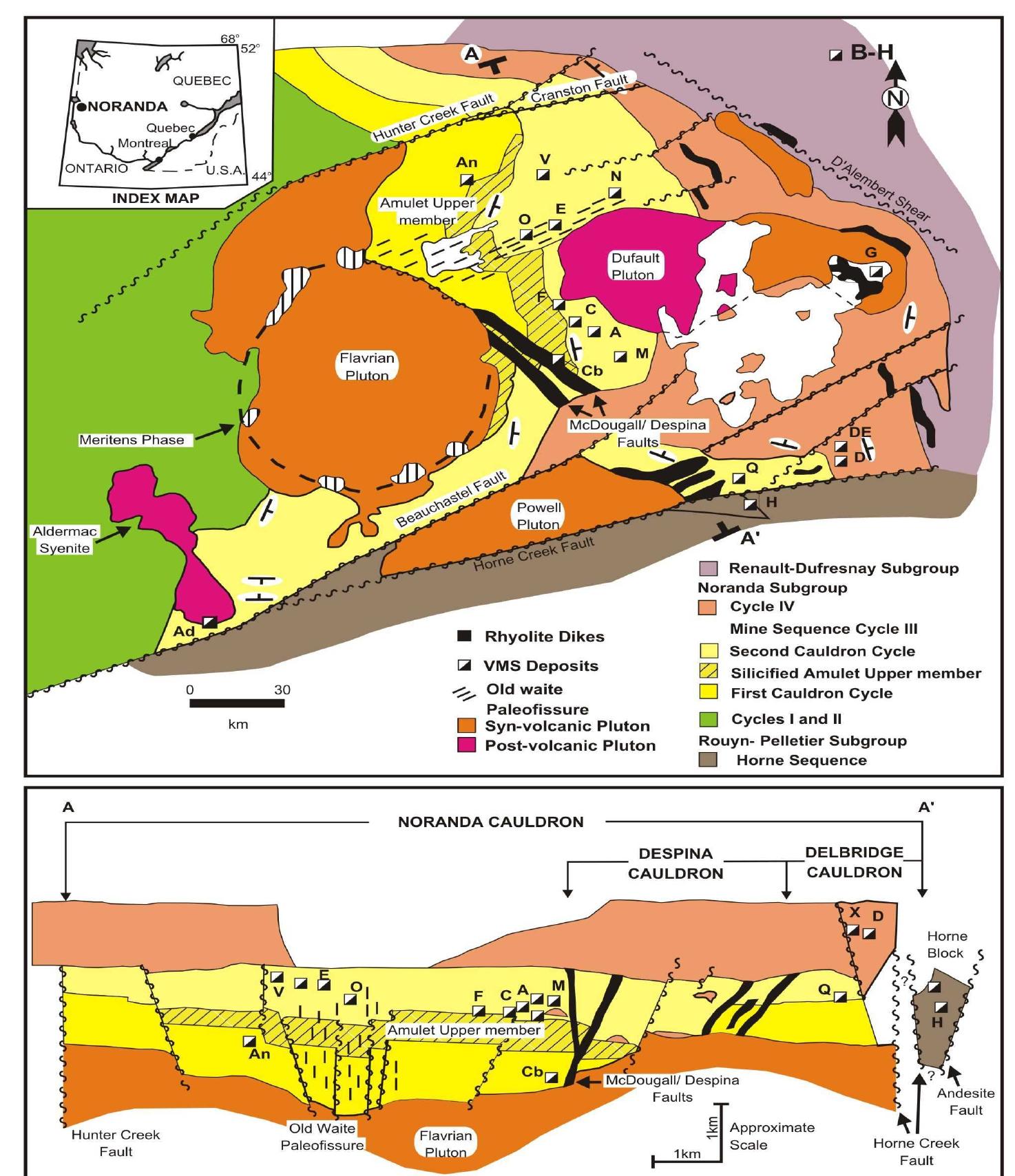 Geologic plan and cross section through the noranda volcanic