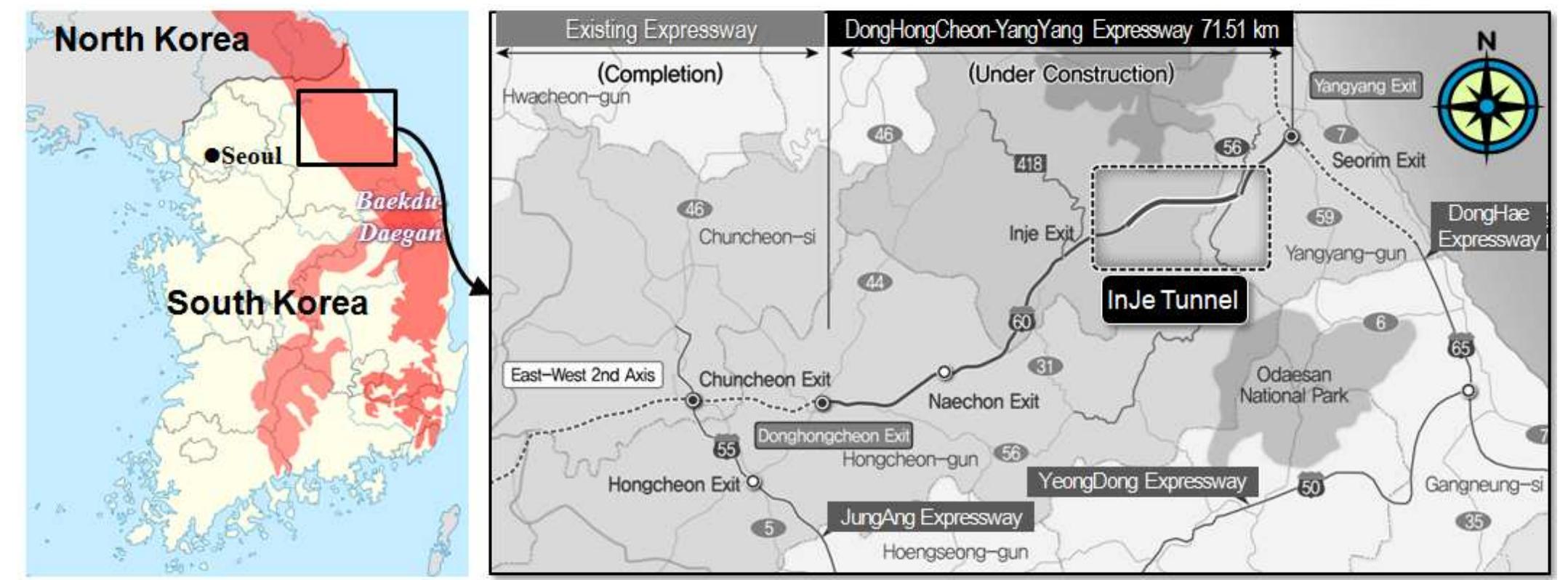 Route map of inje tunnel in donghongcheon-yangyang