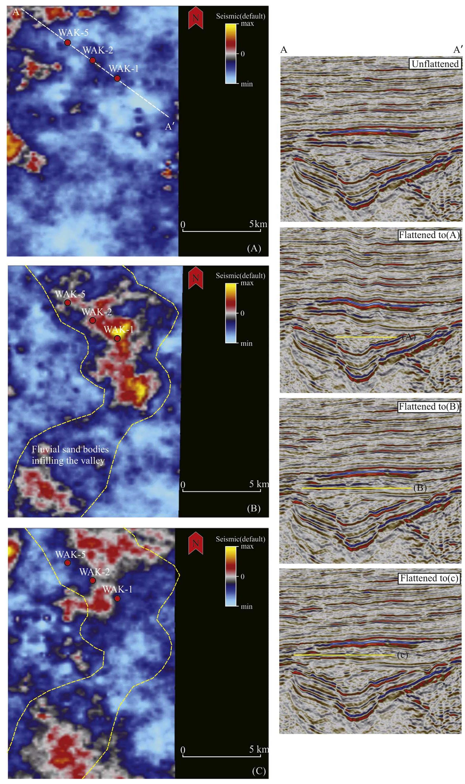 A. rms seismic amplitude map extracted along the flattened