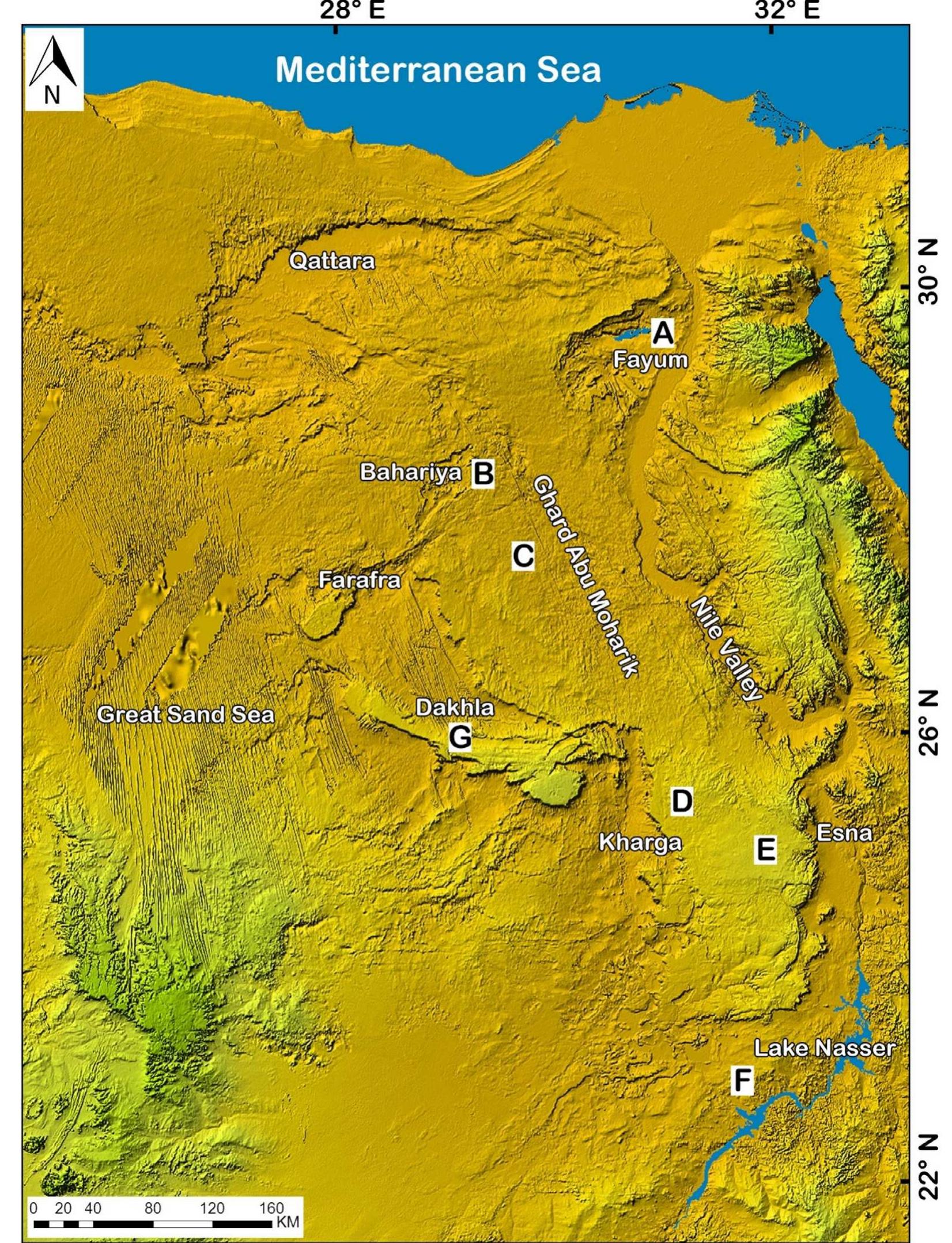 Shaded relief map showing the distribution of sites of