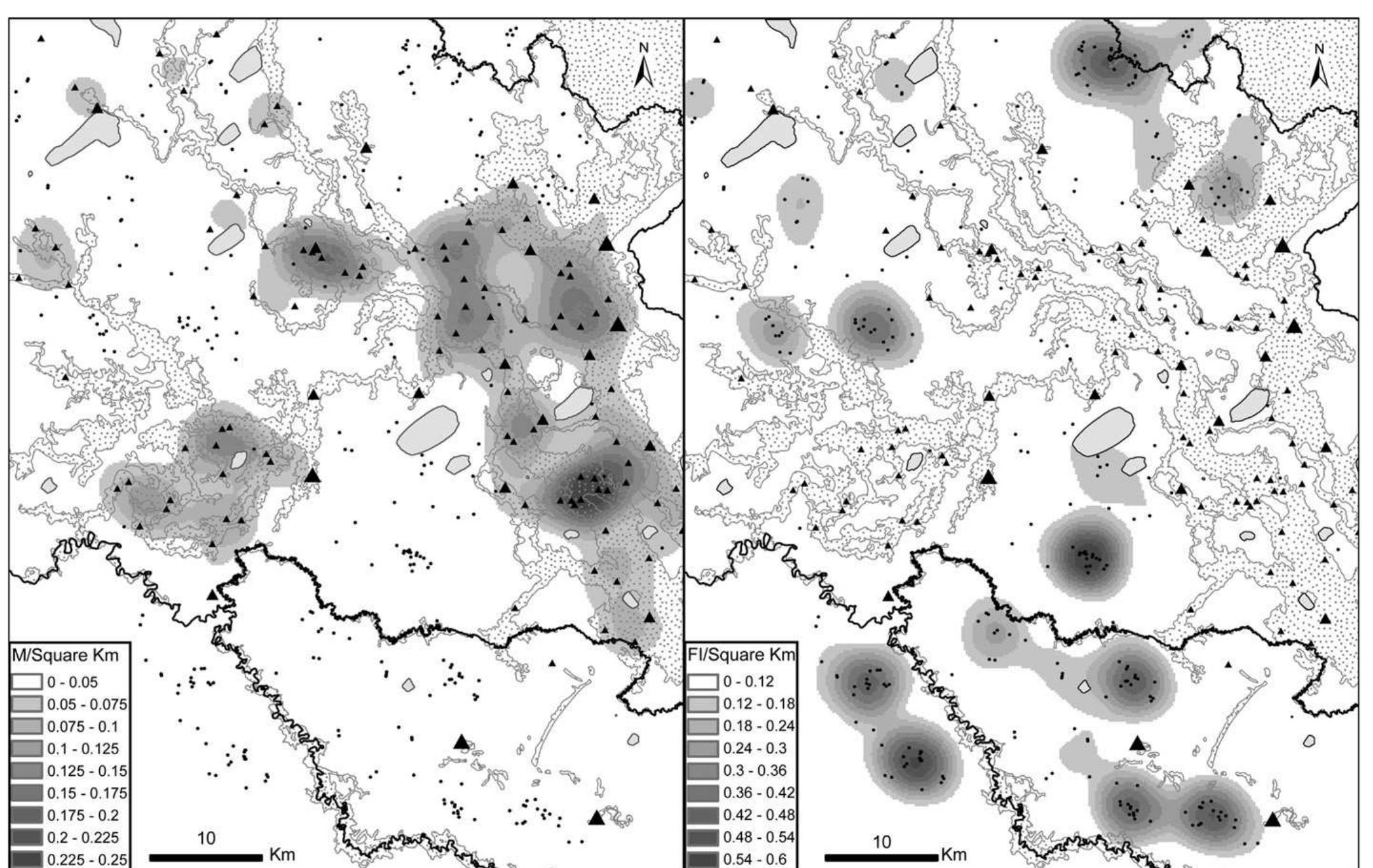 Density map for mounds (left) and forest islands (right).