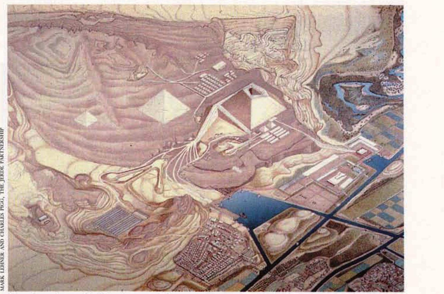 Drawing shows the khufu pyramid nearing completion. quarry,