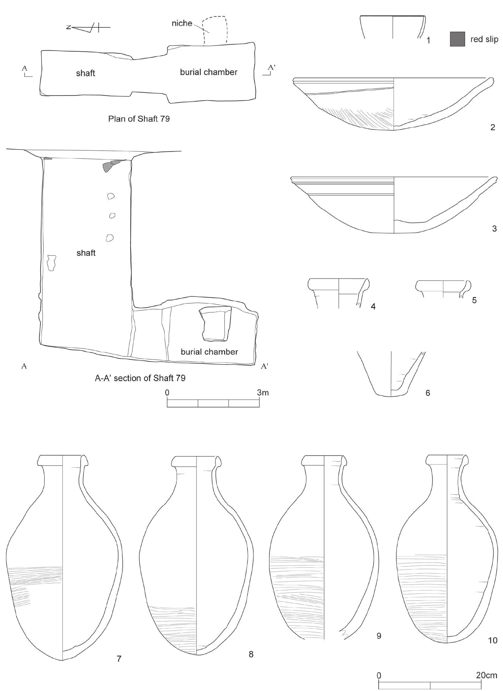 - plan, section and pottery vessels of shaft 79