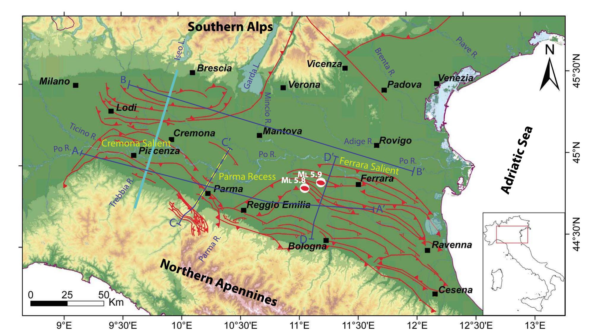 Study area and simplified structural map of the po plain.