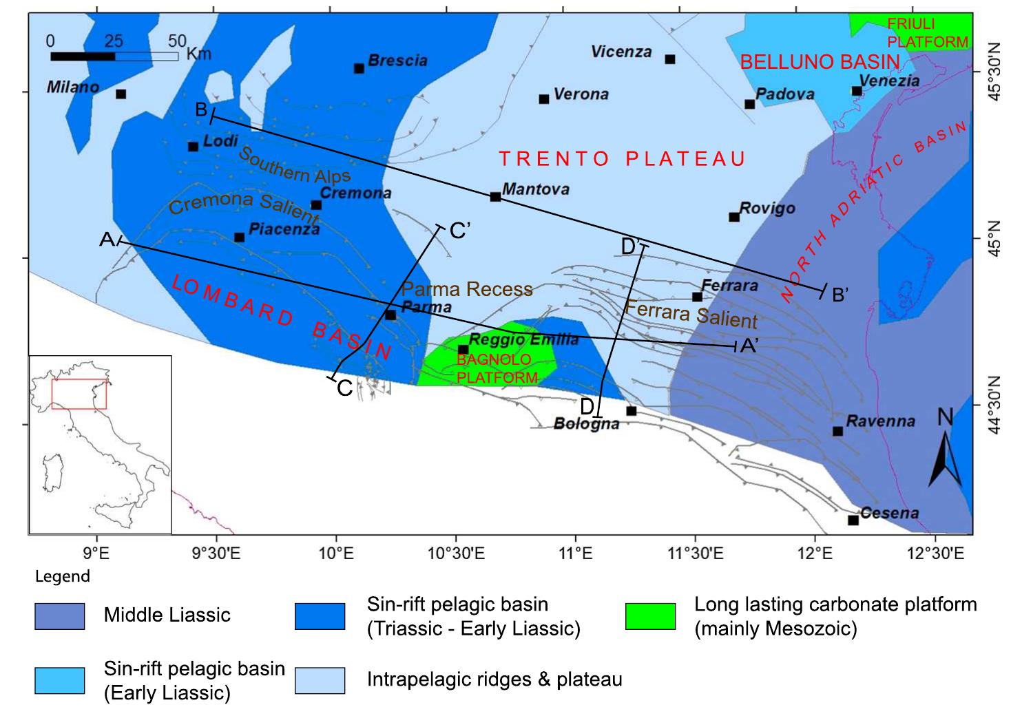 Map of the mesozoic paleogeographic-tectonic domains