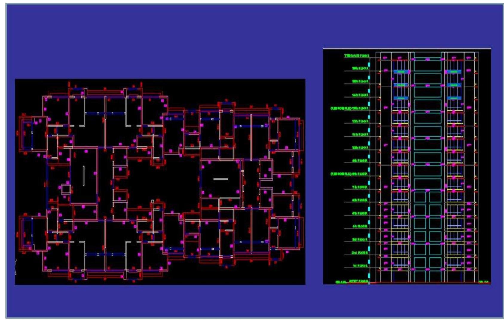 Floor plan and front elevation of g+20 storey building