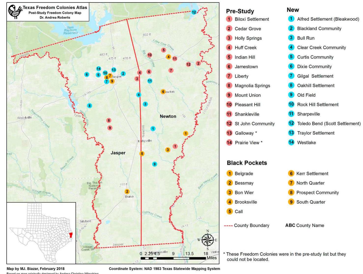 Map of newton jasper county freedom colonies, 2016-18, map