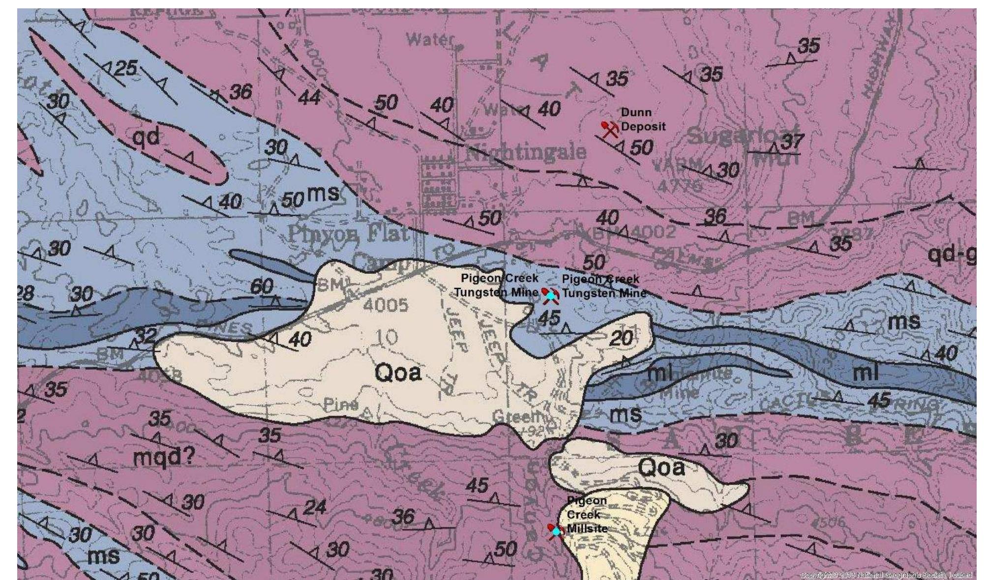 Geologic map of the pigeon creek tungsten mine and millsite