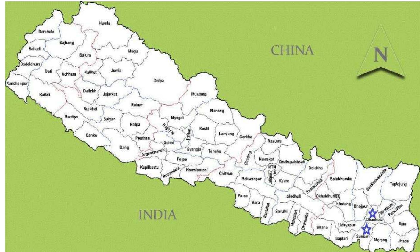 Map of nepal showing study districts (star) latitude and
