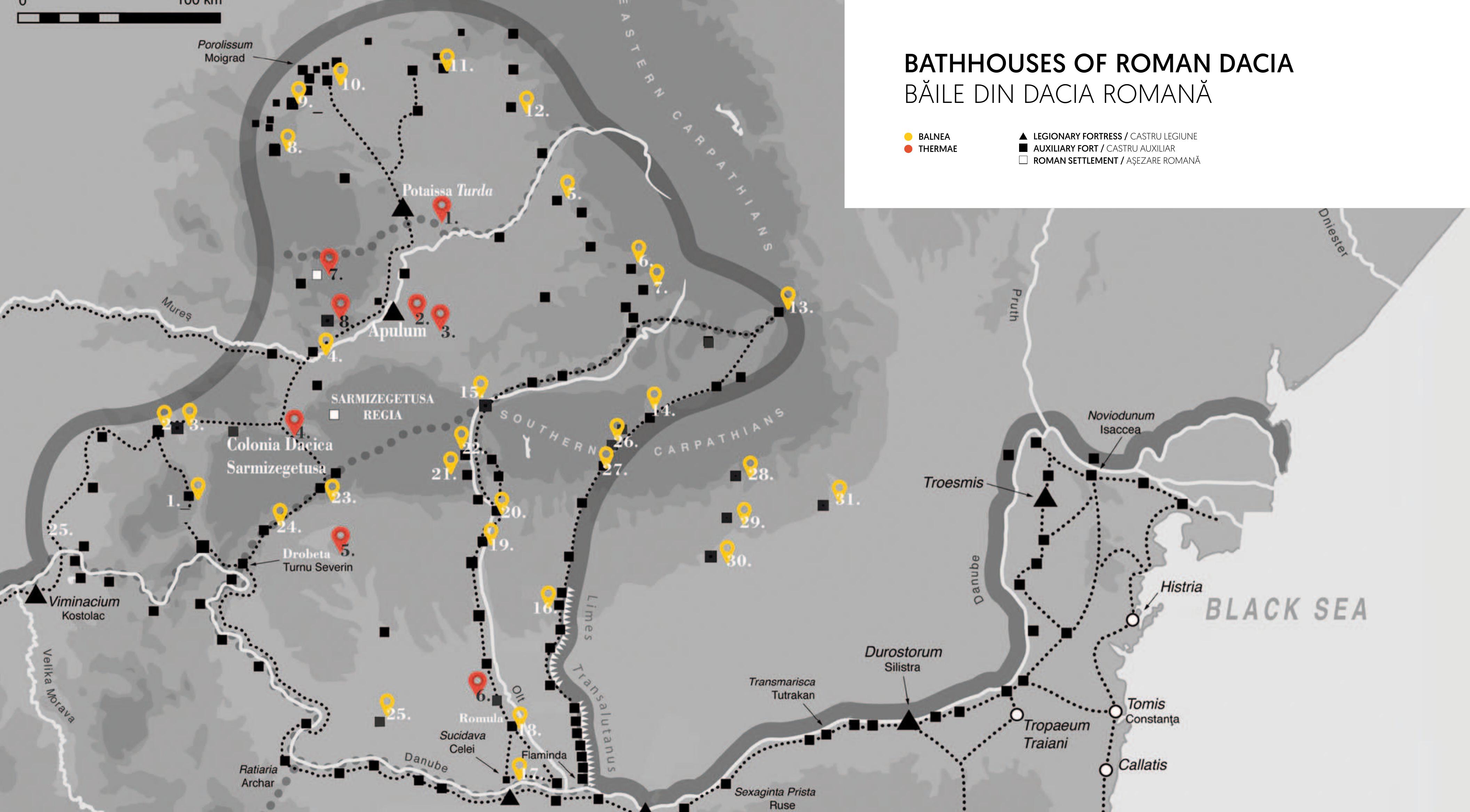 Map of the roman baths of dacia. the yellow ones represent