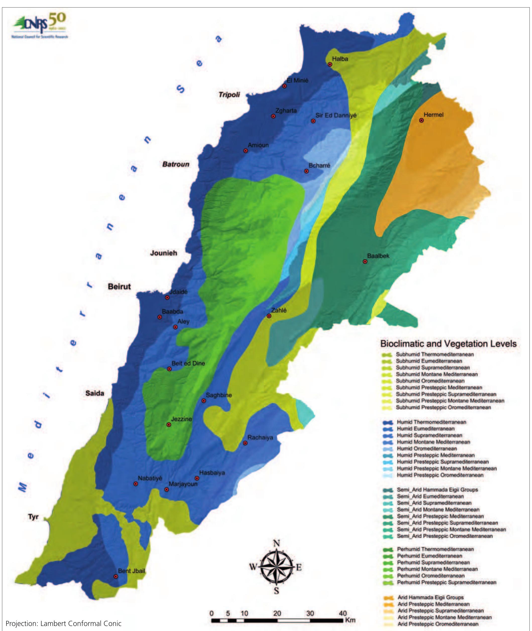 overlaid map of bioclimatic and vegetation levels in