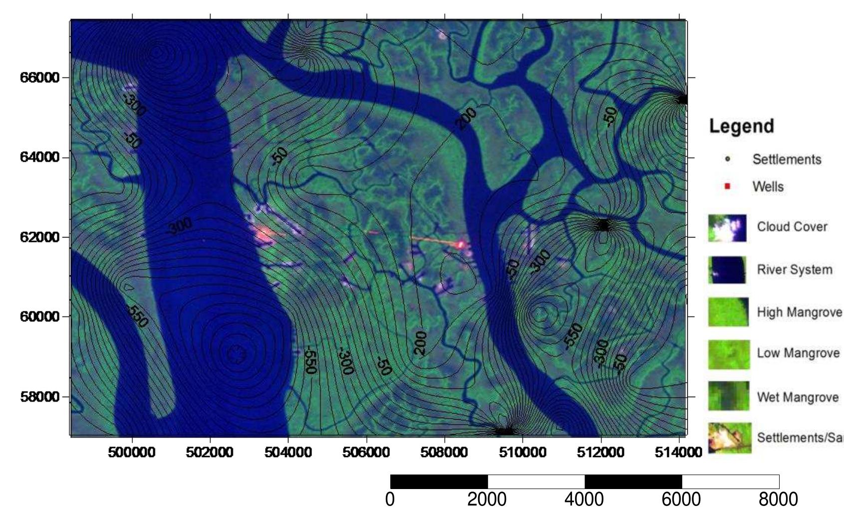 3d baseline elevation contour map over baseline map of 1988